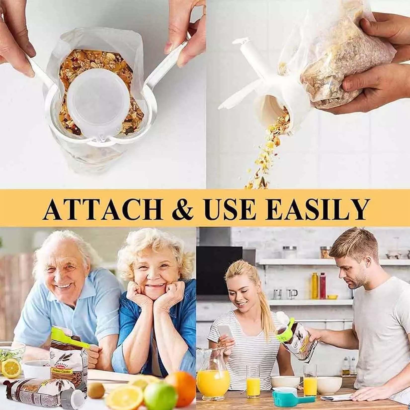 Znsjilo Bag Clips with Pour Spout, Snack Clips That Pour, Seal and Pour Bag Clip, Food Storage Sealing Clips with Pour Spouts, Reusable Snack Clips Pour for Kitchen (6Pcs A)