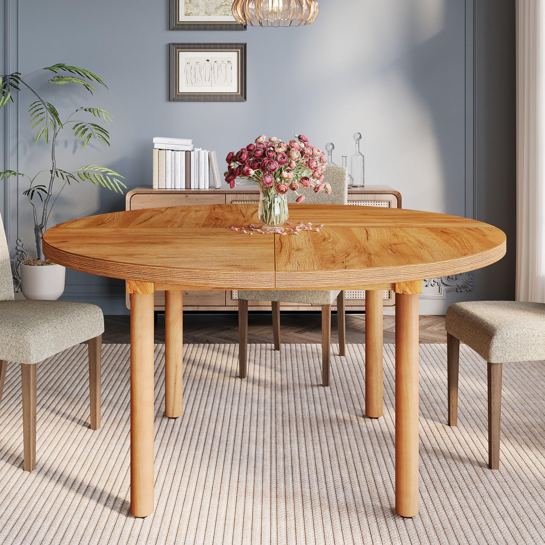 Tribesigns 47-Inch Wood Dining Table for 4, Farmhouse Round Kitchen Table with Sturdy Solid Wood Legs, Large Dinner Table Kitchen & Dining Room Furniture