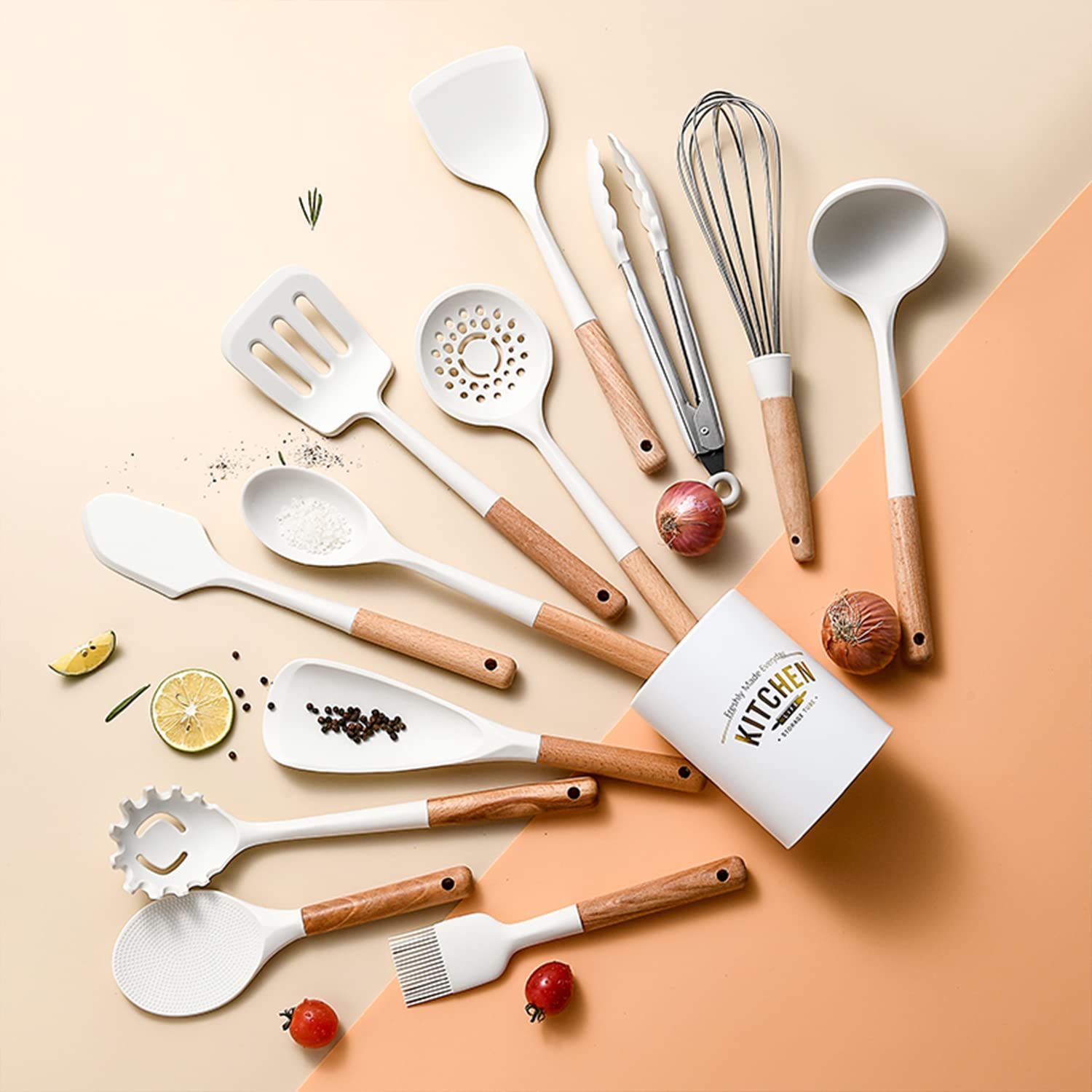 Keidason Kitchen Cooking Utensils Set, 13 Piece Wooden Handle Silicone Cookware Set with Stand,Nonstick Heat Resistant Silicone Tool Set - Morandi Blue( BPA Free)