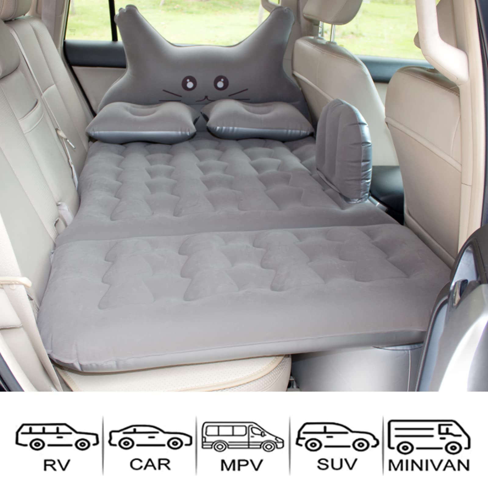 MLCTECH Car Air Mattress SUV Air Mattress Camping Inflatable Thickened Bed with Back Cushion - Two Foot Pier and Two Pillows - PVC Sleeping Bed with Electric Air Pump and Storage Bag (Grey)