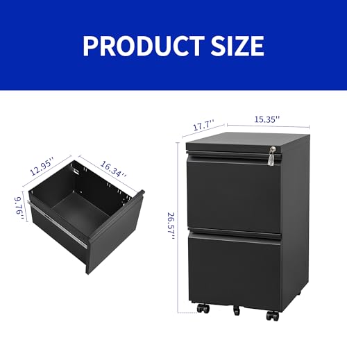 LVSTEEL 2 Drawer Mobile File Cabinet with Lock, Under Desk Metal Filing Cabinet for Home Office fits Legal/Letter/A4 File, Fully Assembled Except Wheels, Black
