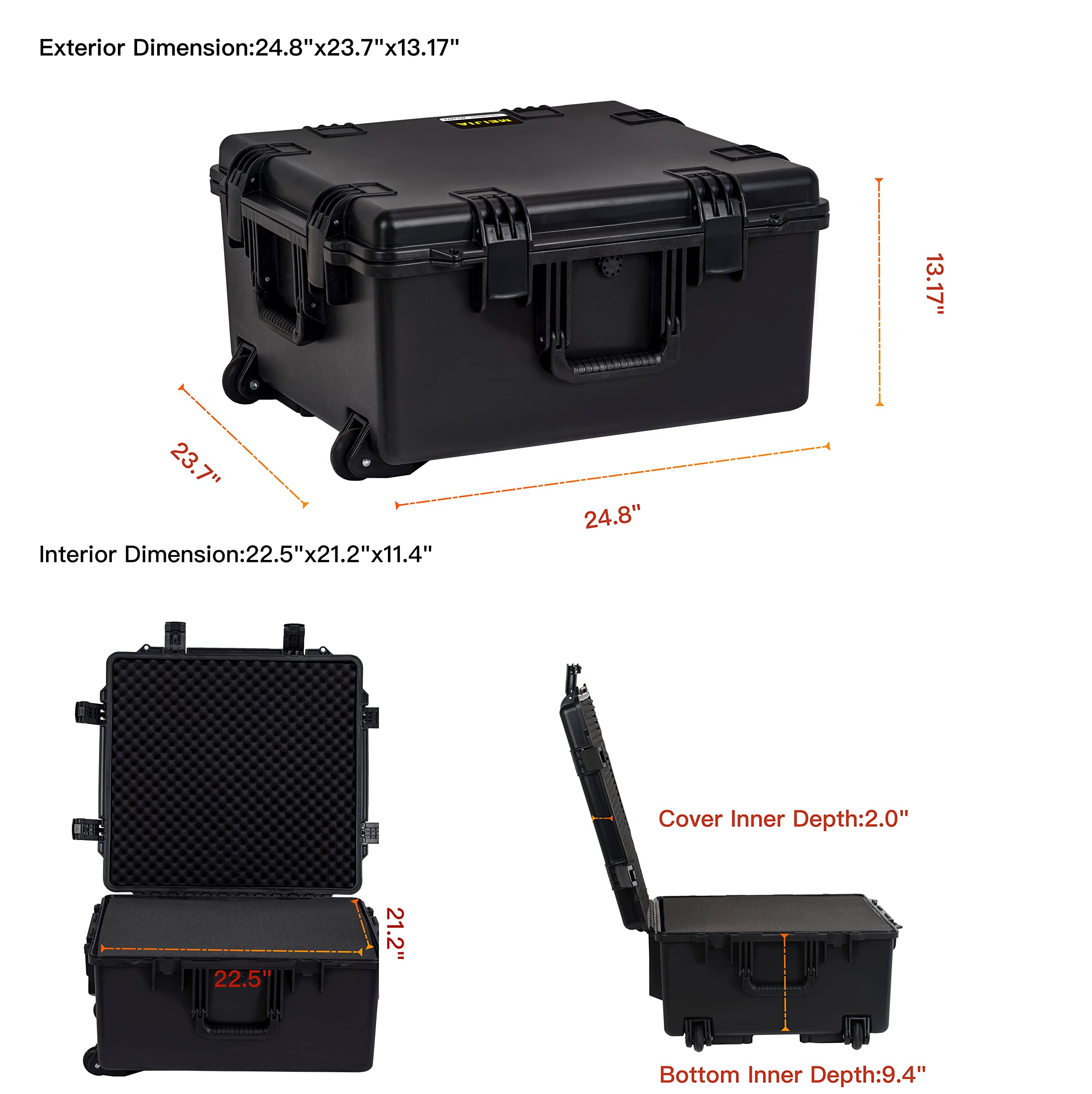 MEIJIA Portable All Weather Waterproof Hard Case, Camera Case with Customizable Fit Foam And Rolling Wheels, 24.8"X23.7"X13.17",Elegant Black
