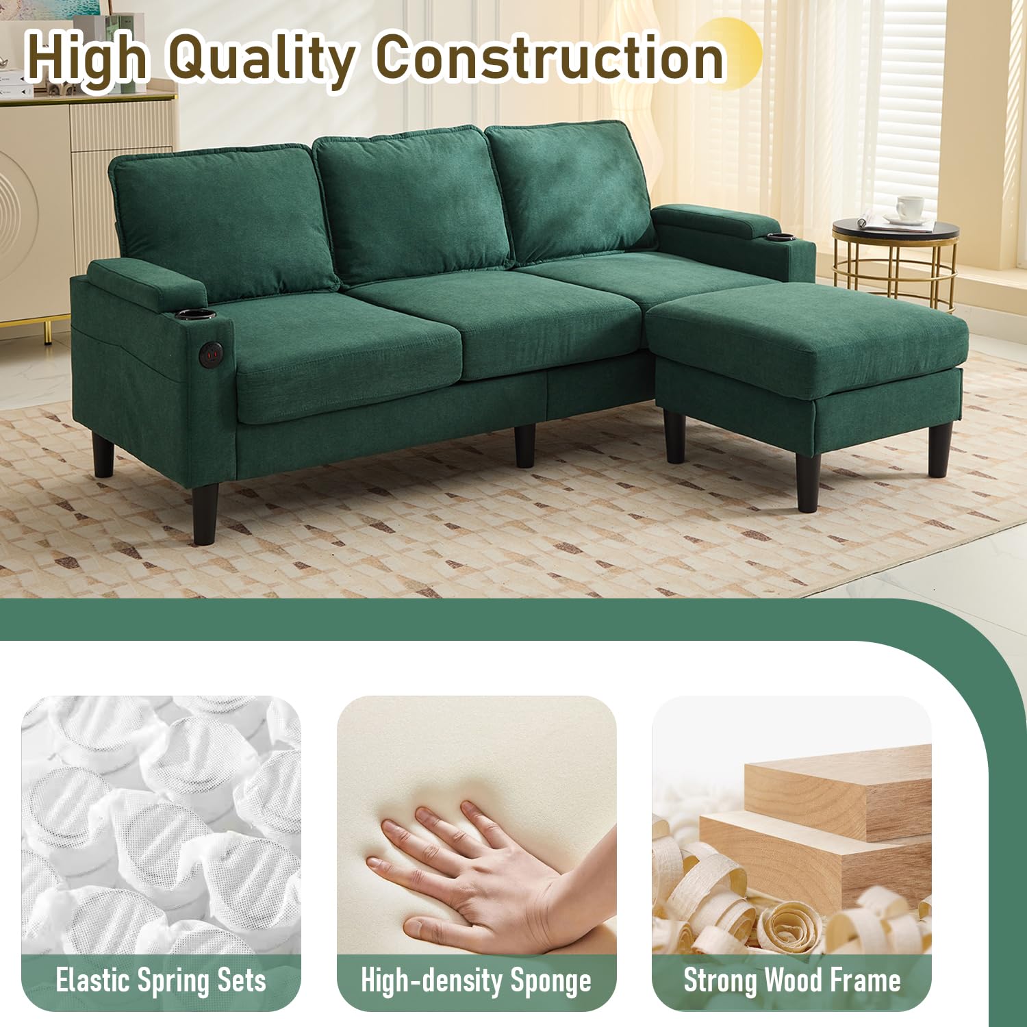YiMiYom Blue Convertible Sectional Sofa, Small L Shaped Couch with Reversible Chaise, 3 Seat Linen Sectional Couch with Storage Ottoman, USB Port, Cup Holder and Storage Armrests, 78" W