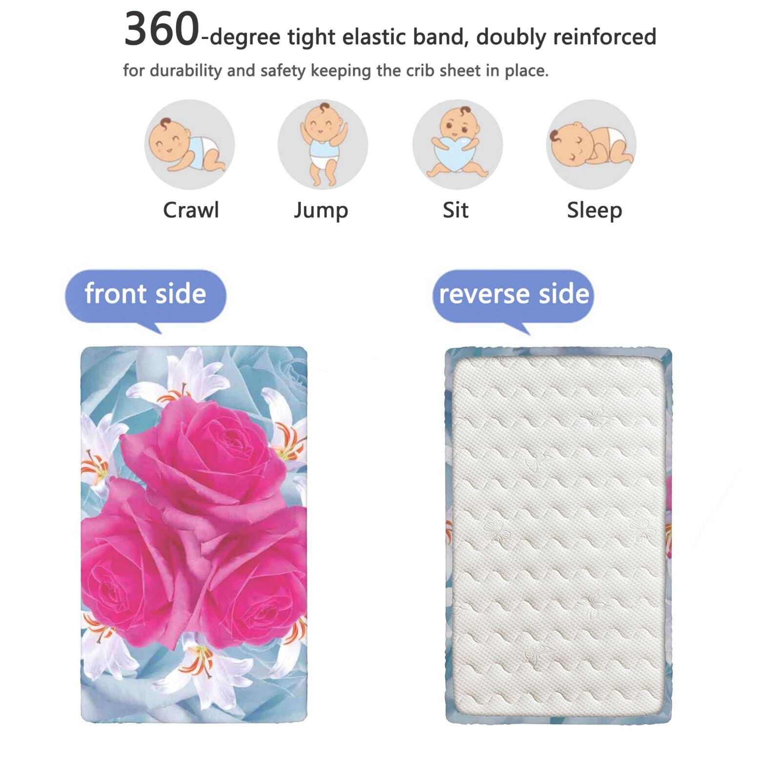 Rose Themed Fitted Crib Sheet,Standard Crib Mattress Fitted Sheet Soft & Stretchy Fitted Crib Sheet-Baby Crib Sheets for Girl or Boy,28β x52β,Fuchsia Blue
