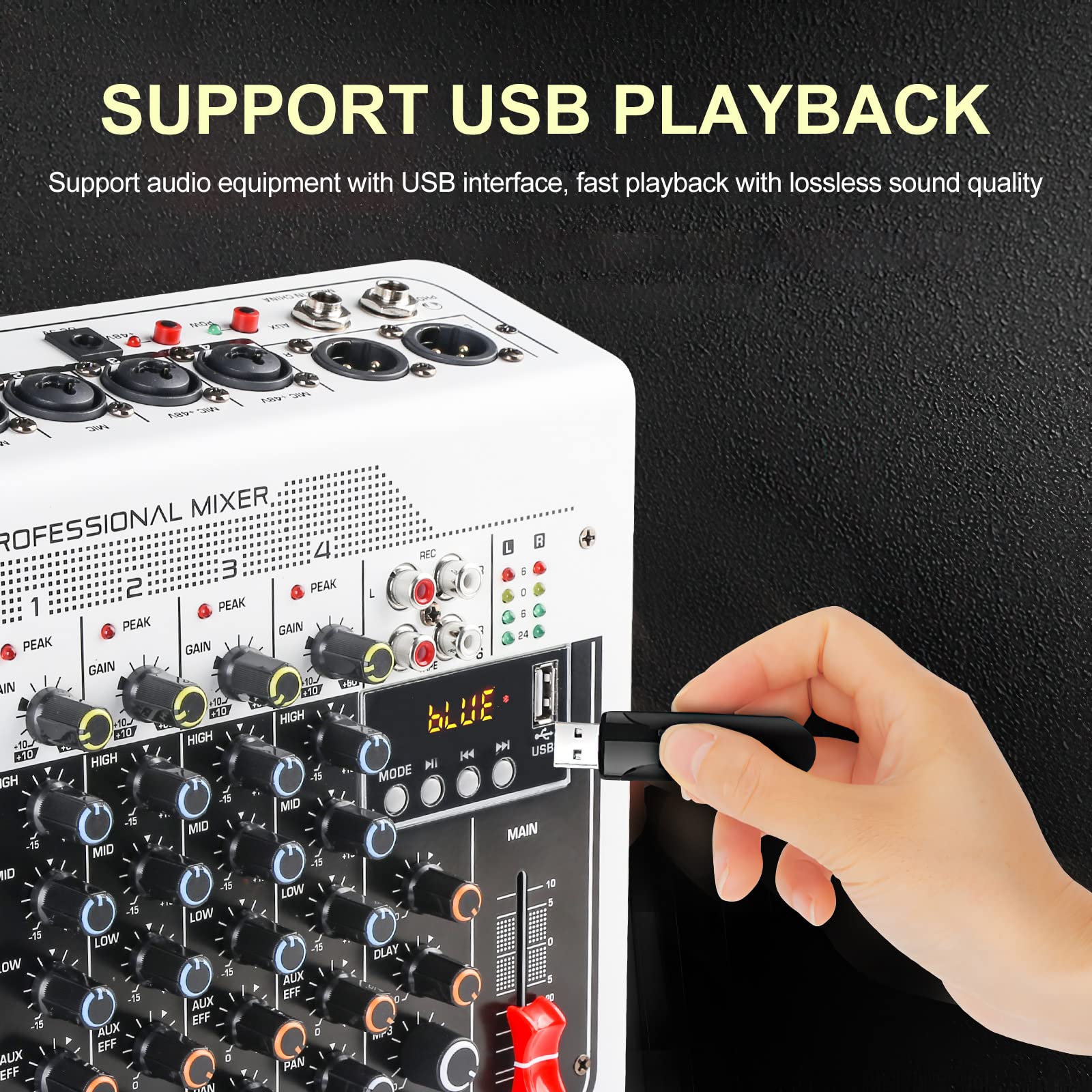 Mixers Audio 4 Channel Mixer, Dj Mixer Board Mixer Audio Bluetooth MP3 Mini Mixer for Music With 48V Phantom Power Stereo FX Analog Digital Effects, Usb Audio Mixer for Karaoke Speakers