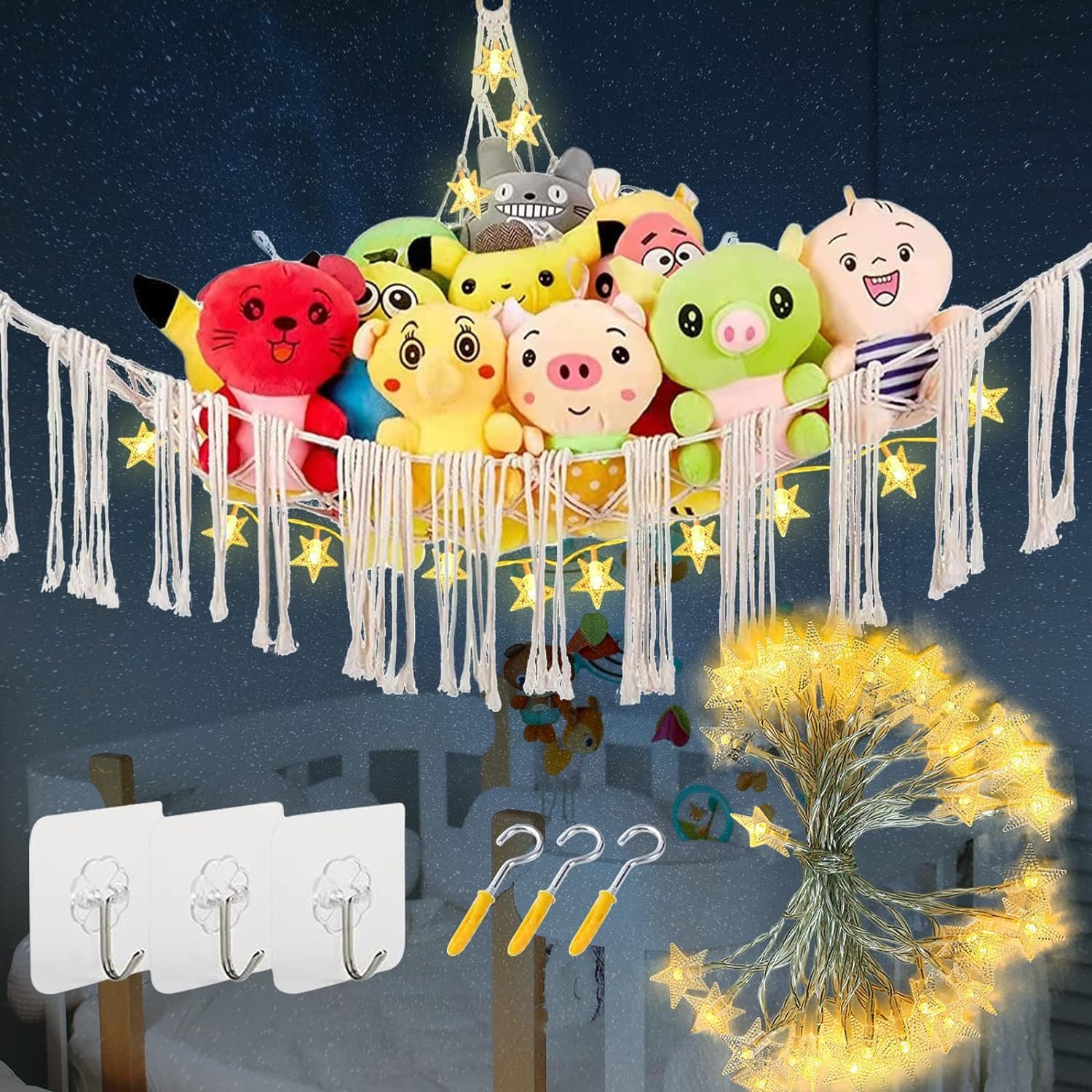 Stuffed Animal Net or Hammock With Led Light,Boho Decor Toy Hammock for Stuffed Animals with 6 Pcs Hooksand Macrame,Triangle Hanging ,Hanging Corner Toy Organizer Net for Playroom Bedroom Nursery Crib