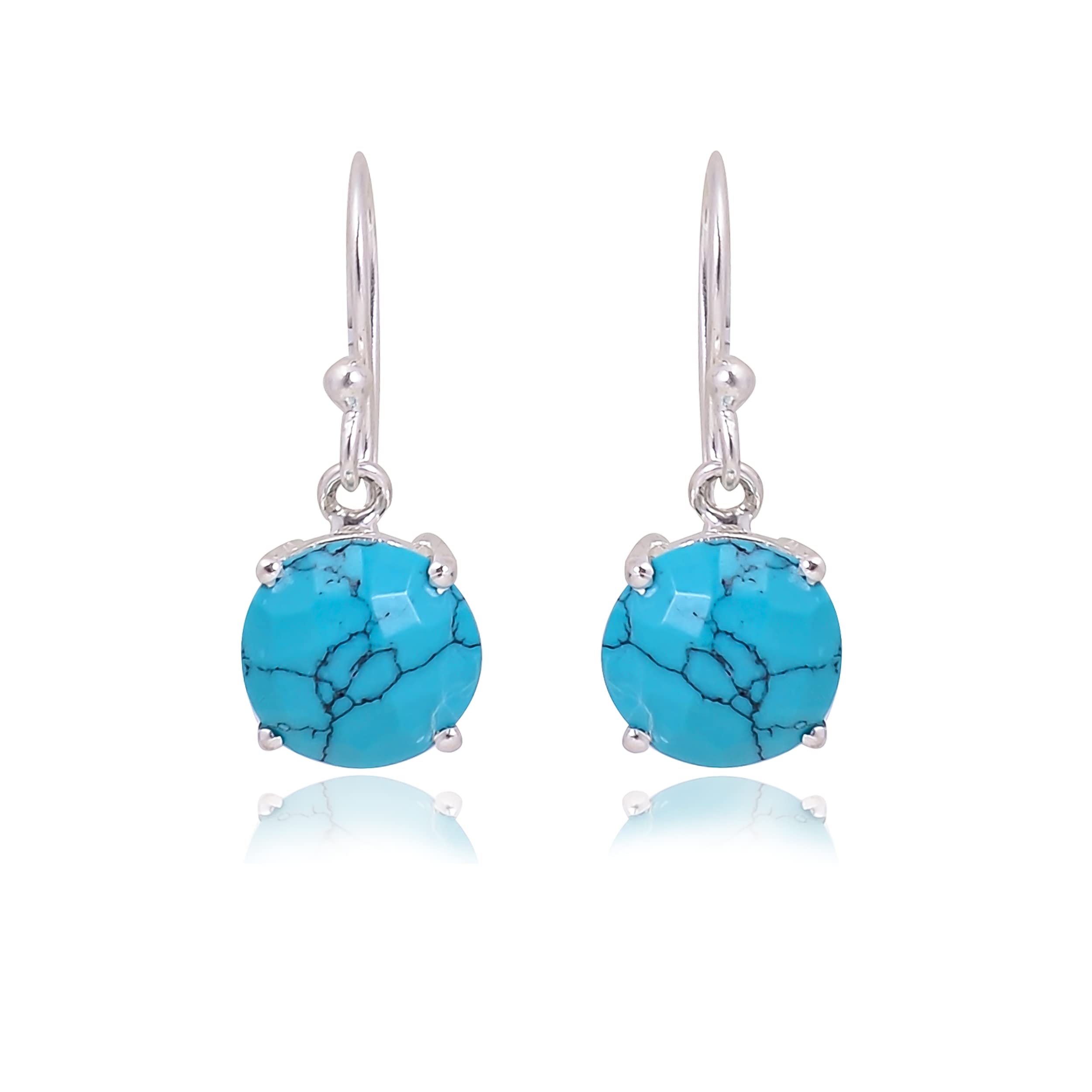 NMS Jewelry 925 Sterling Silver 10mm Round Gemstone Dangle Earrings for Women with hook (Round Earrings 10mm, Turquoise)