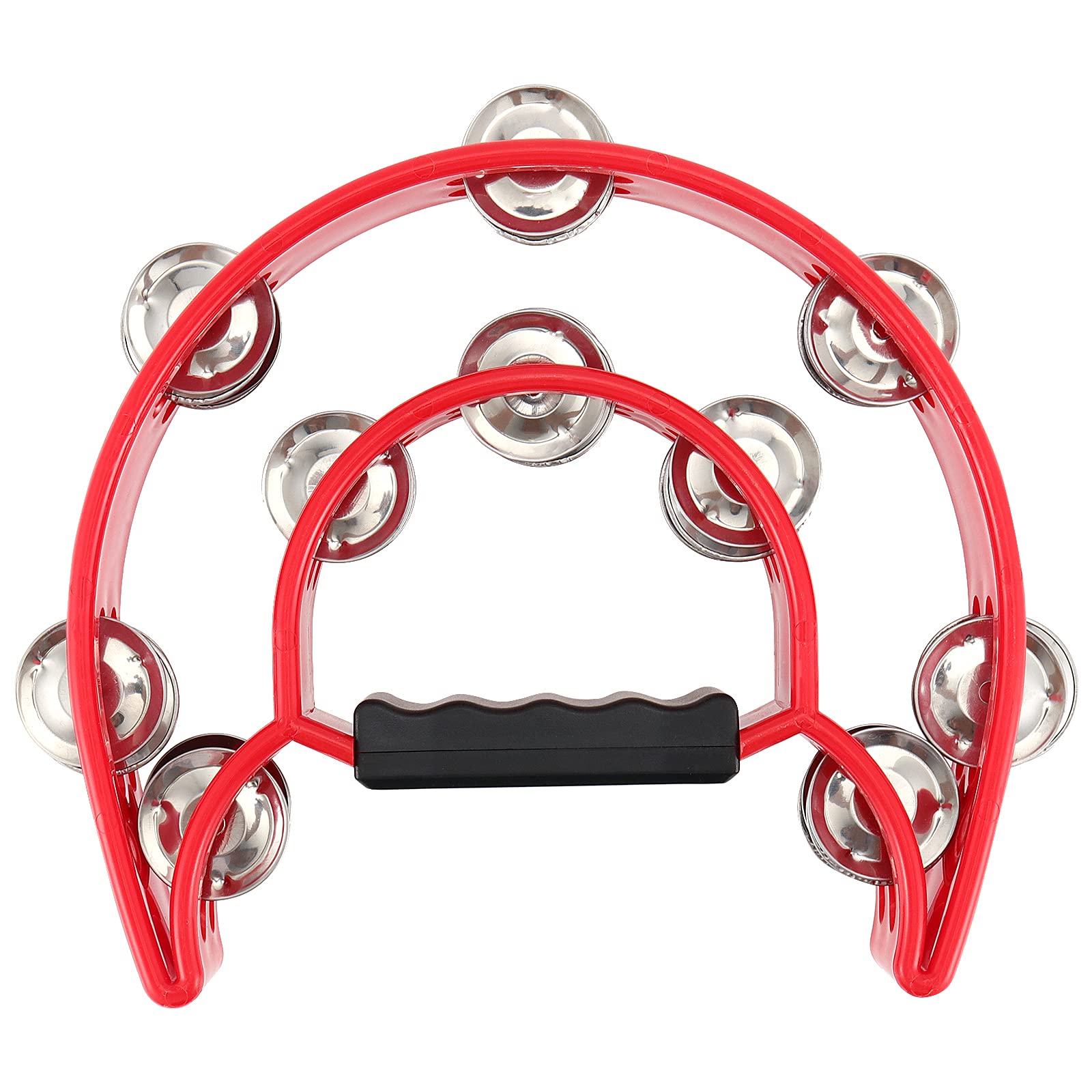 MUKLEI 4 Pack 9 Inch Double Row Tambourine, Metal Jingles Hand Held Percussion with Ergonomic Handle, Half Moon Tambourine for Gift, KTV, Party, 4 Colors