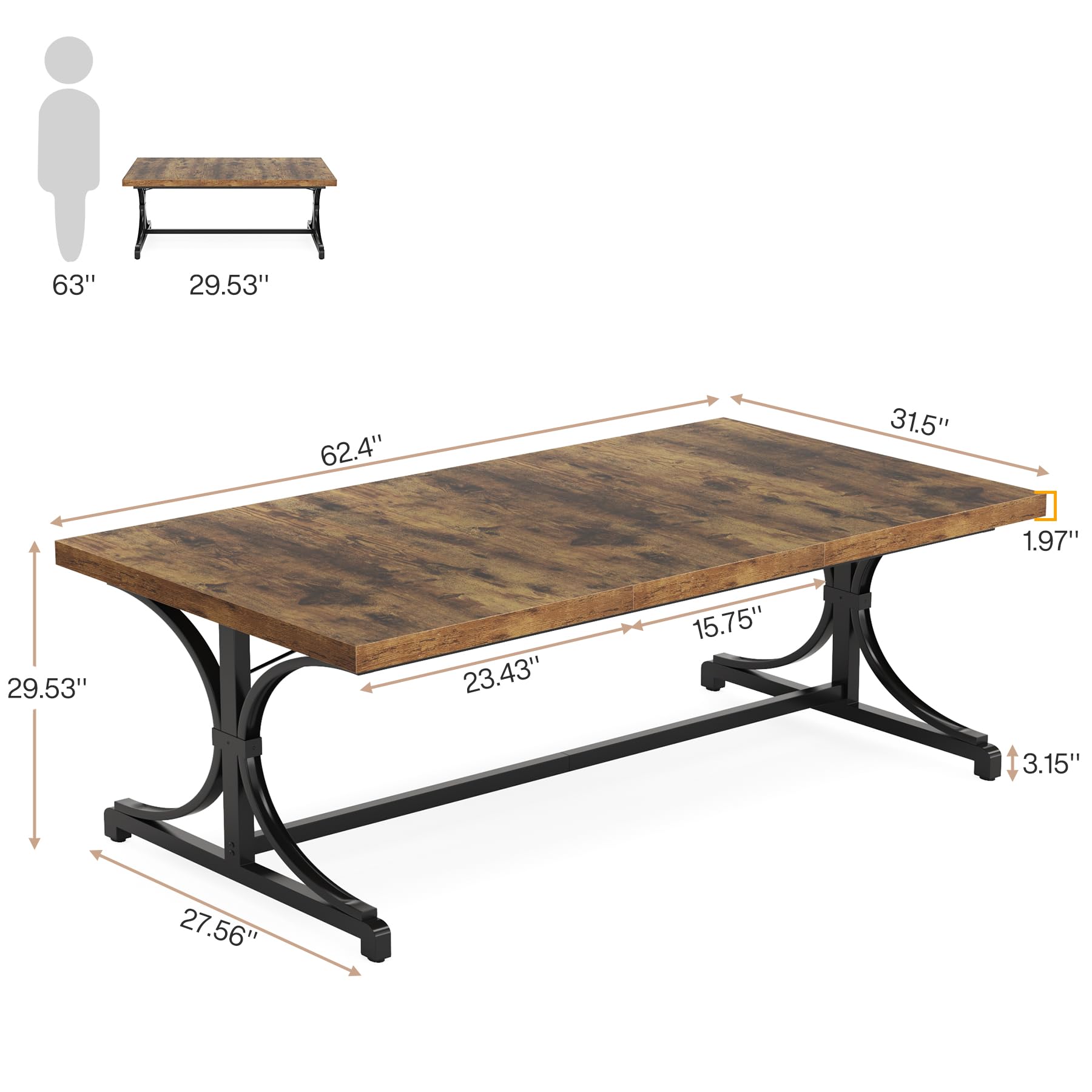 Tribesigns 62.4-Inch Executive Desk, Rectangle Office Computer Desk with Thick Wooden Tabletop and Metal Frame, Study Writing Table Workstation for Home Office, Rustic Brown & Black