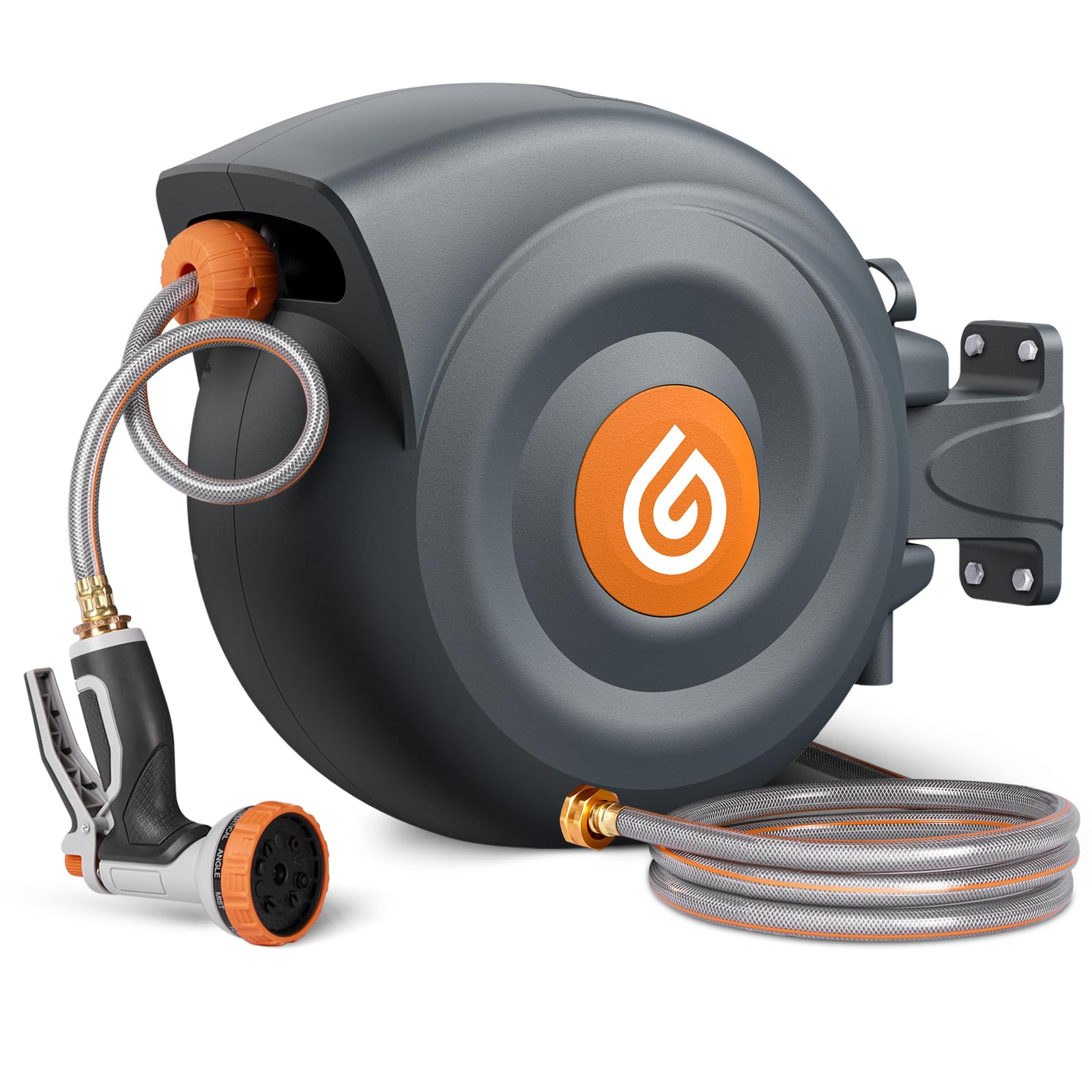 Retractable Garden Hose Reel 100ft, 1/2"Reinforced Leak-proof Water Hose, 10-Pattern Hose Nozzle, Slow Rewinding, UV Resistant, Durable Brass Fittings, 3-Layer PVC Hose, 180° Swivel Bracket