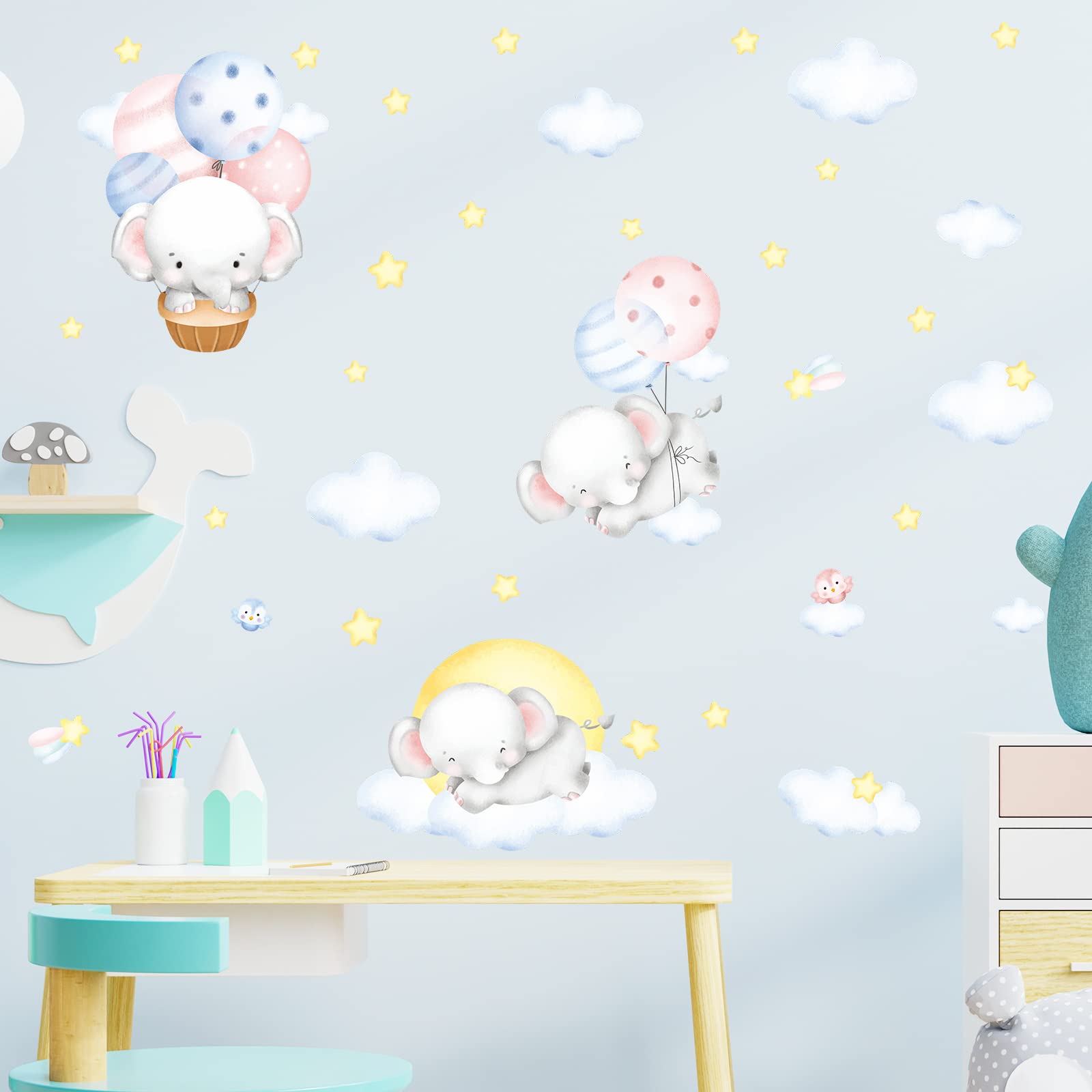 Tedy Bear Sleeping Wall Stickers Baby Decor for Nursery Balloon Cloud Star Wall Decals for Baby Bedroom Decoration