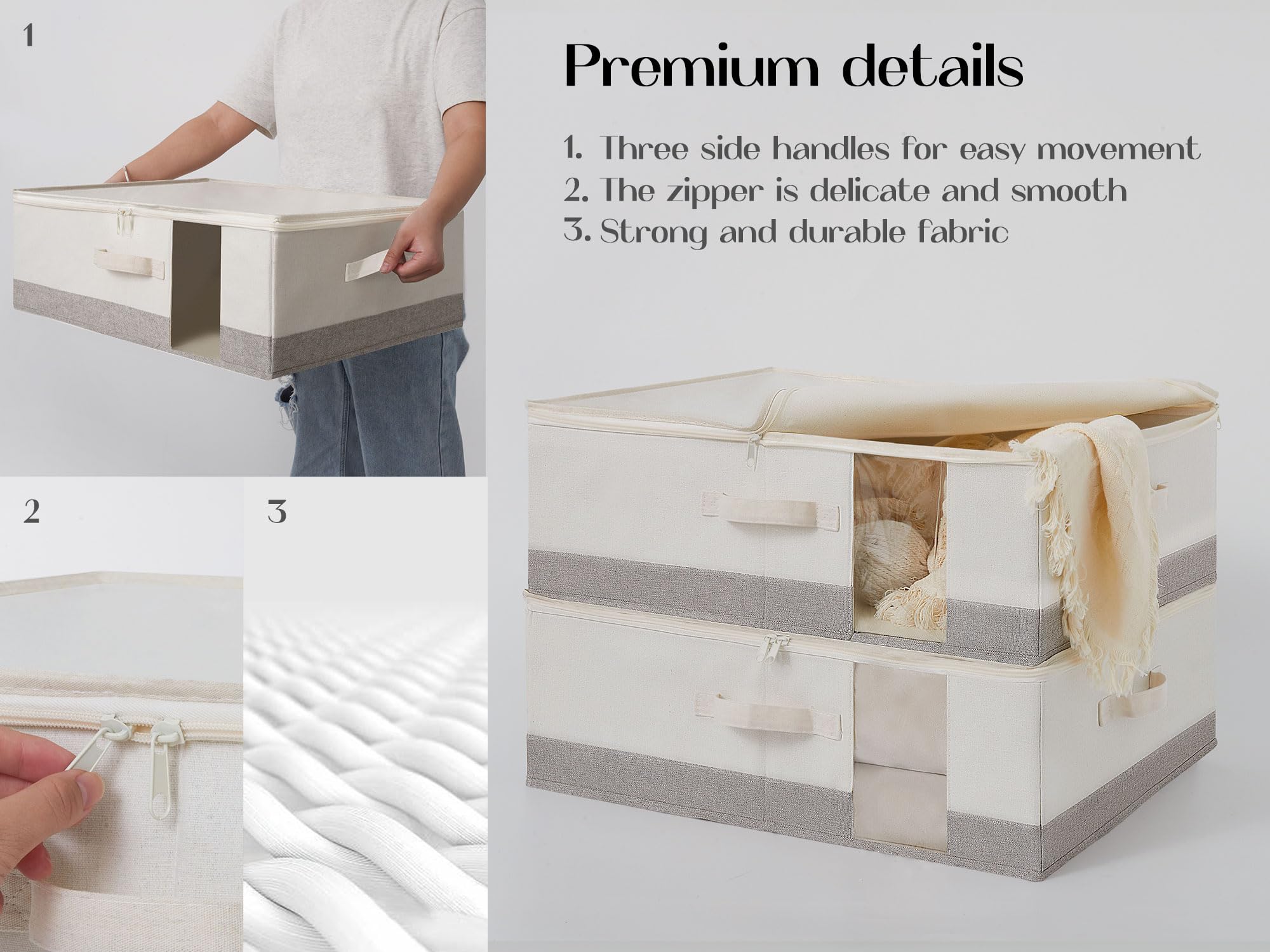 LoforHoney Home Under Bed Storage Containers, Underbed Storage Bins with Clear Window, Under Bed Clothes Storage Box, Foldable Storage Baskets for Organizing, Beige & Gray, 2-Pack, 21.7x16.5x7.1