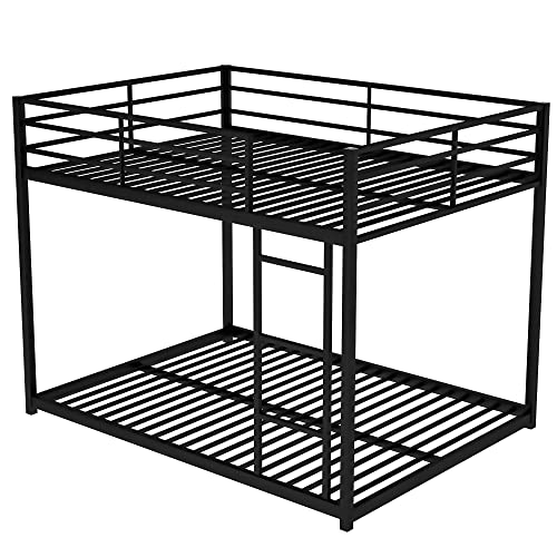 Merax Full Over Full Metal Heavy Duty Low Bunk Bed with Safety Guard Rails and Ladder, No Box Spring Needed, Black