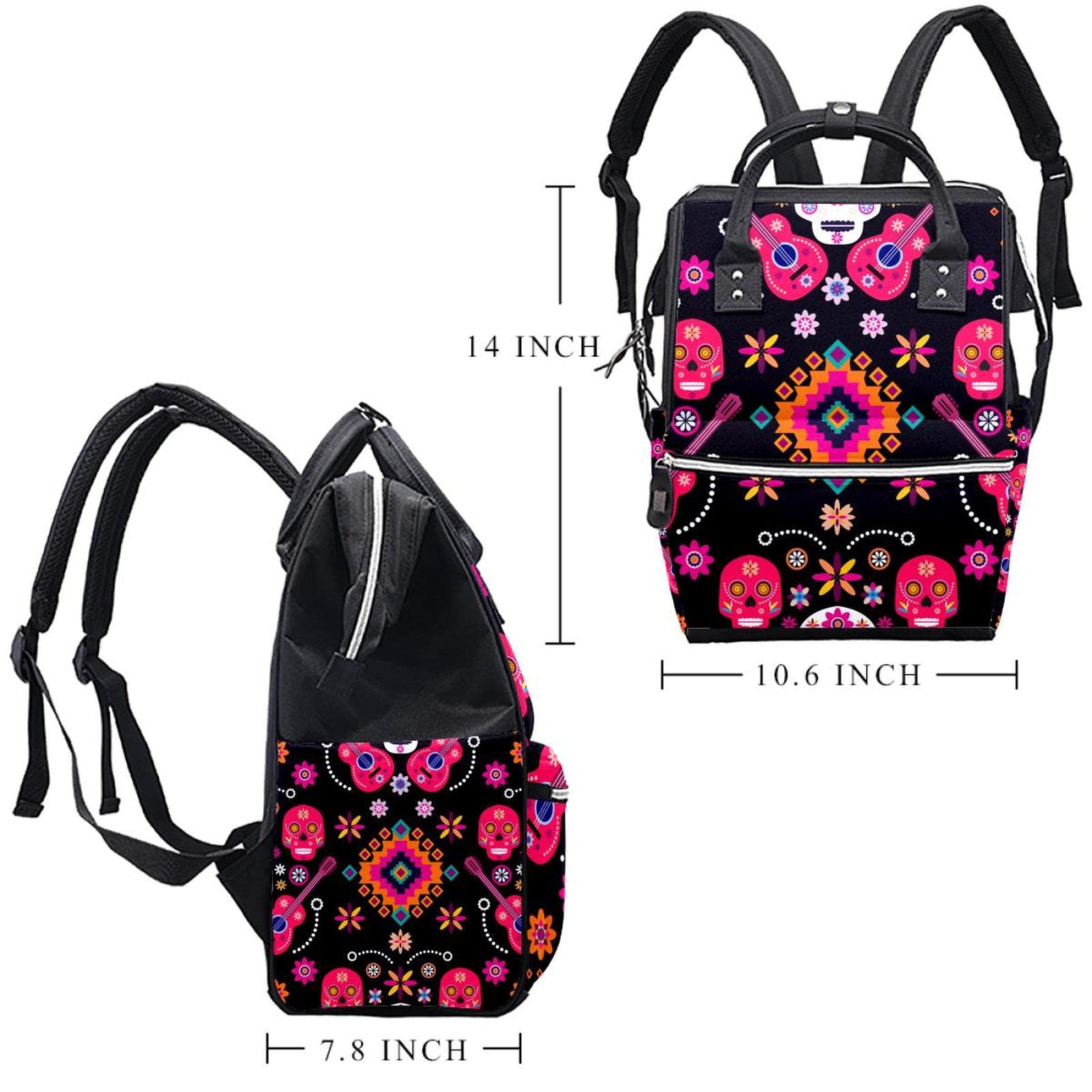 Sugar Skulls with Flowers Guitar Diaper Bag Backpack Baby Nappy Changing Bags Multi Function Large Capacity Travel Bag