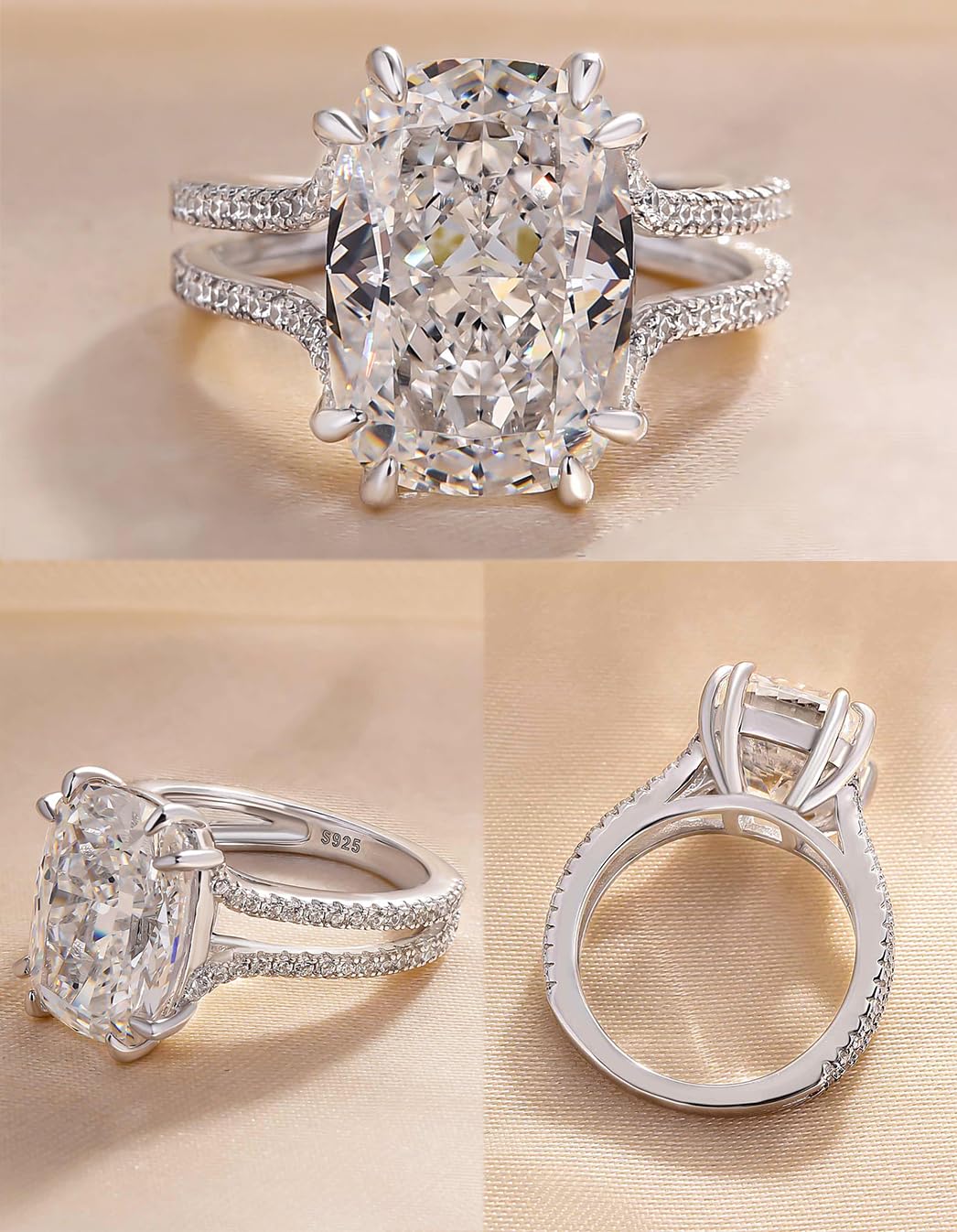 RODIFFY 6CT Gorgeous Split Shank Cushion Cut Promise Ring for Women,Simulated Diamond Engagement Ring in Silver(Size:7)