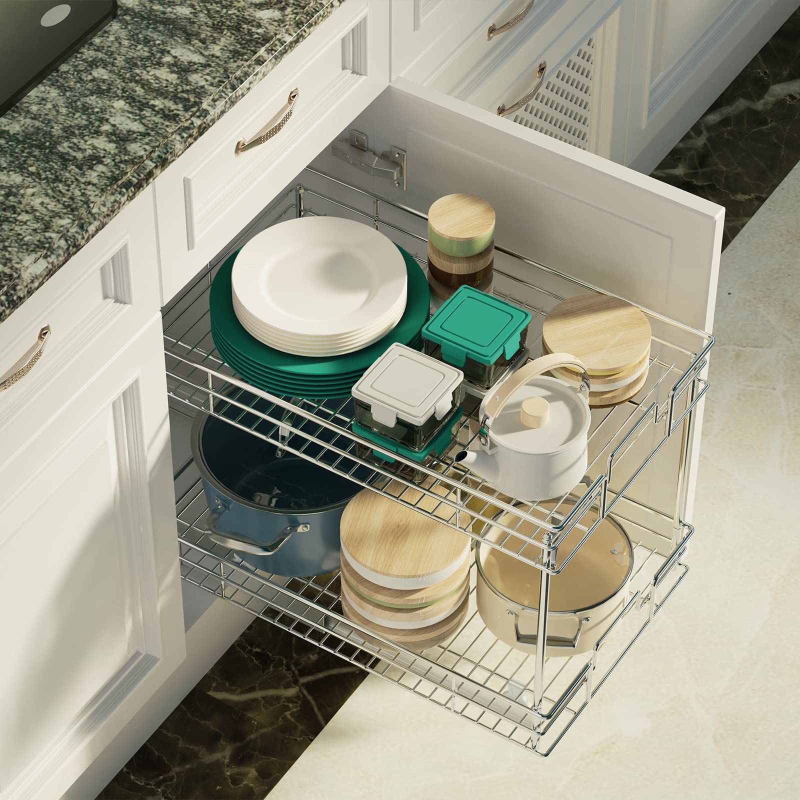 LOVMOR Pull Out Cabinet Organizer and Storage (20" W x 21" D) 2-Tier Pull Out Shelf Storage for Kitchen Base Cabinet Silver (20" W x 21" D, Silver, Roll on Top)