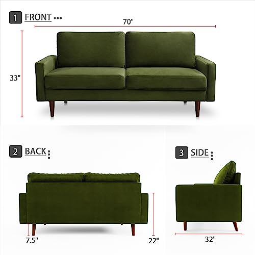 SILKIR 3-Person Couch for Living Room | Perfect for: Apartment/Studio/Office & Small Space | Velvet Fabric | Fast and Easy Assembly | (Olive Green) Modern Contemporary Mid-Century, 70 Inch Sofa