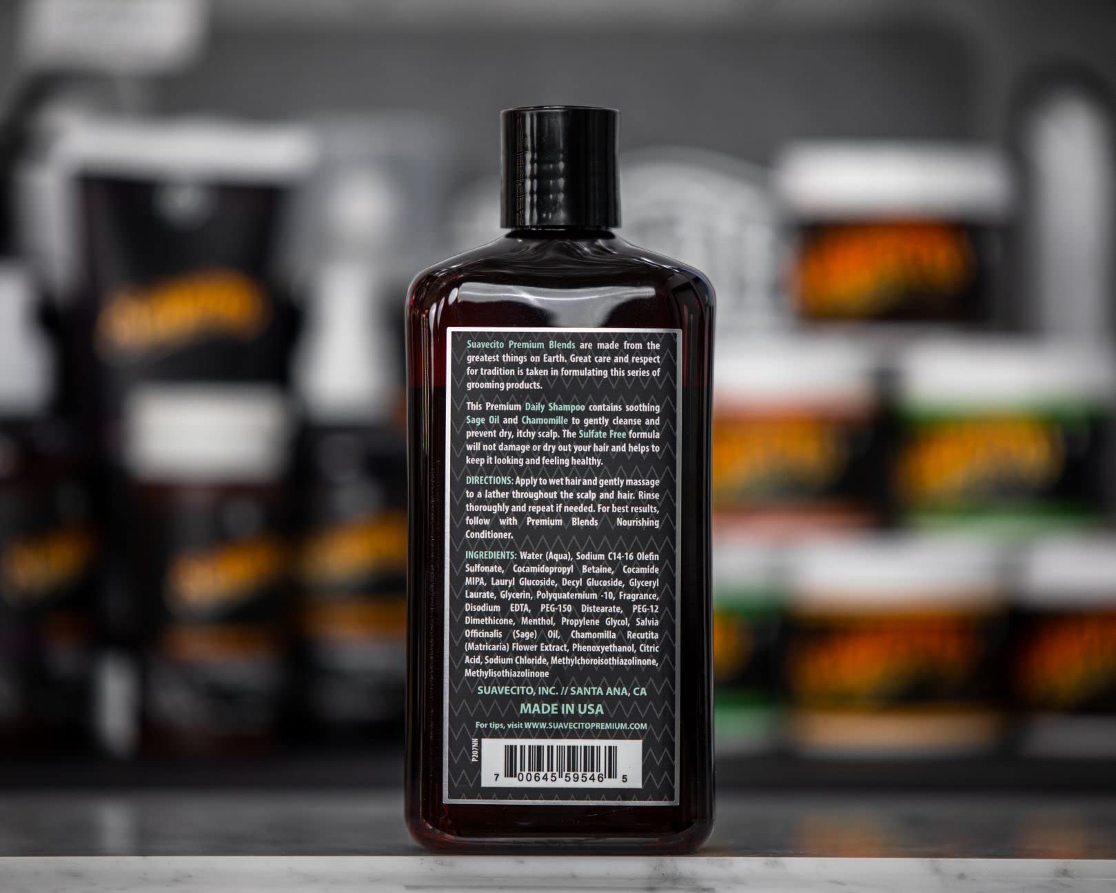 Suavecito Premium Blends Daily Shampoo 16 oz. Sulfate Free Men's Showering Fresh Clean Fragrance Sage Oil Chamomile Hair Cleansing