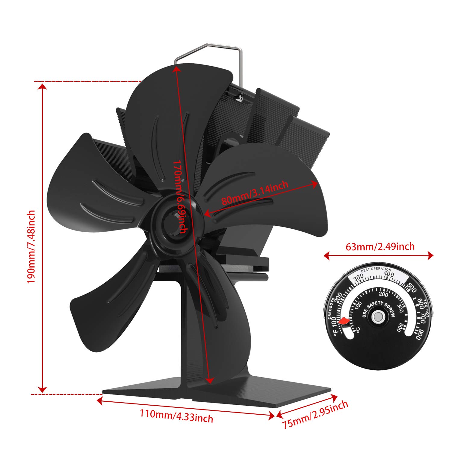 KINDEN Wood Stove Fan 5-Blade - Heat Powered Log Burner Eco-Friendly with Stove Thermometer (Aluminium Black, Large Size) Patent Pending
