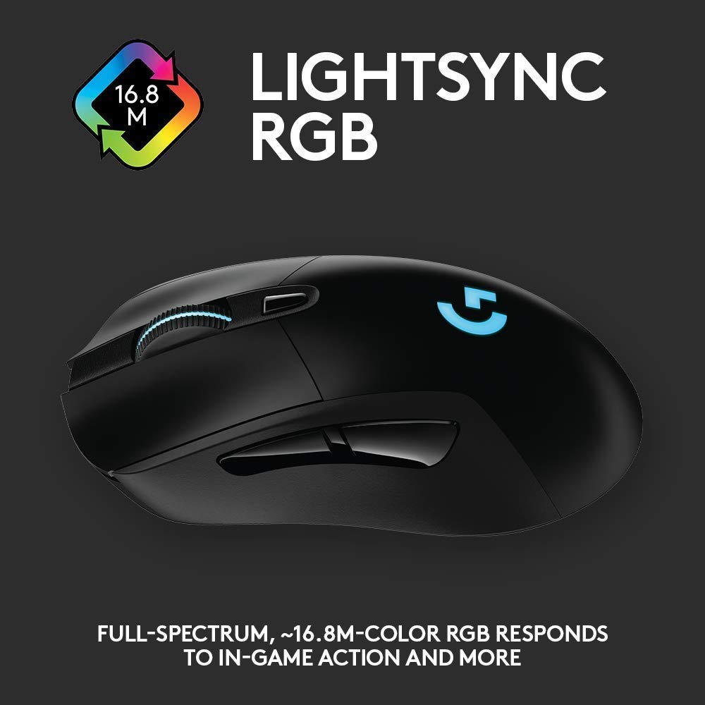 Logitech G703 Lightspeed Wireless Gaming Mouse W/Hero 25K Sensor, PowerPlay Compatible, Lightsync RGB, Lightweight 95G+10G Optional, 100-25, 000 DPI, Rubber Side Grips - Black (Renewed)