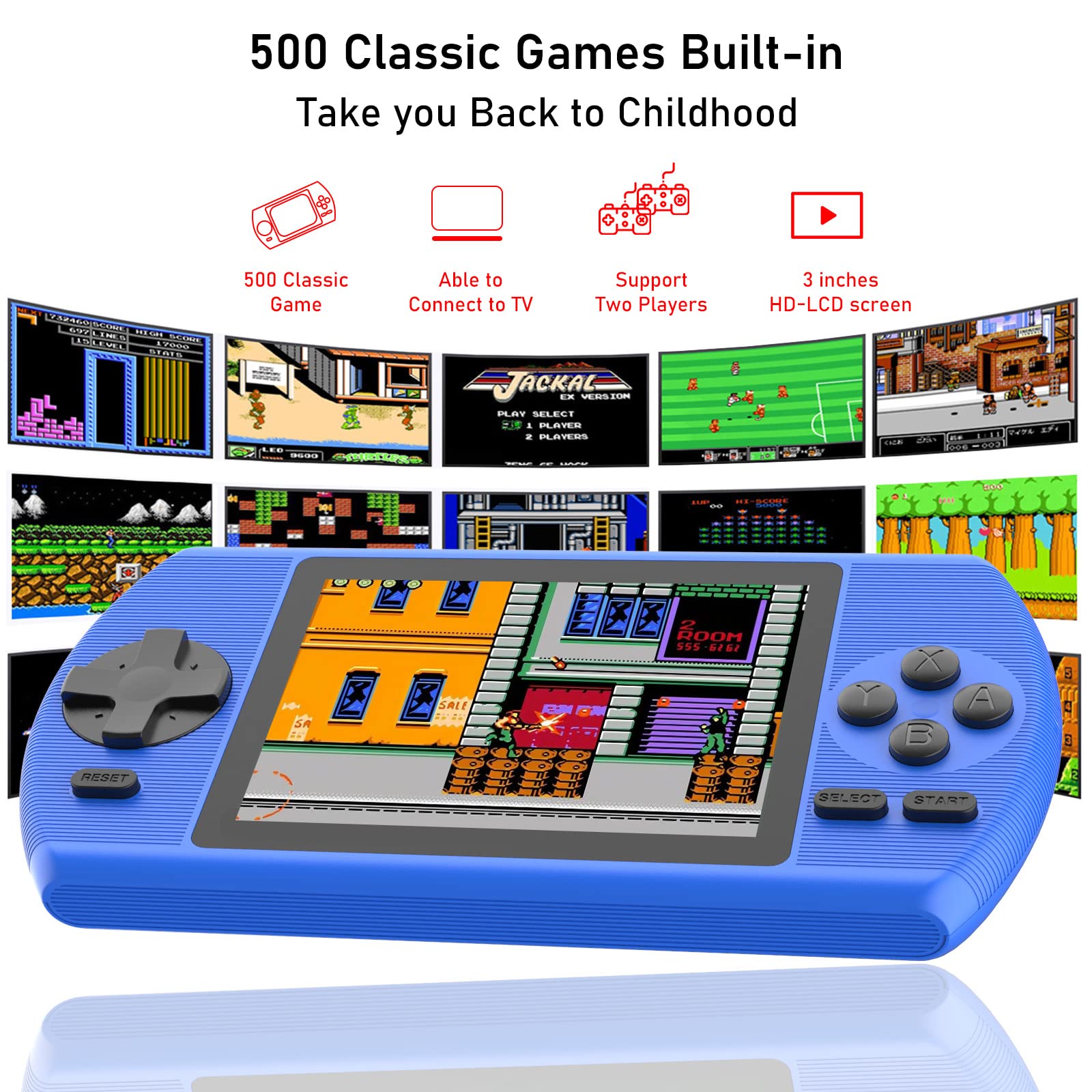 Retro Handheld Game Console, Melusen Video Game Console with 500 Classical FC Games 3.5-Inch Color Screen 800mAh Rechargeable Battery Gameboy Support for Connecting TV and Two Players (500 Games-Blue)