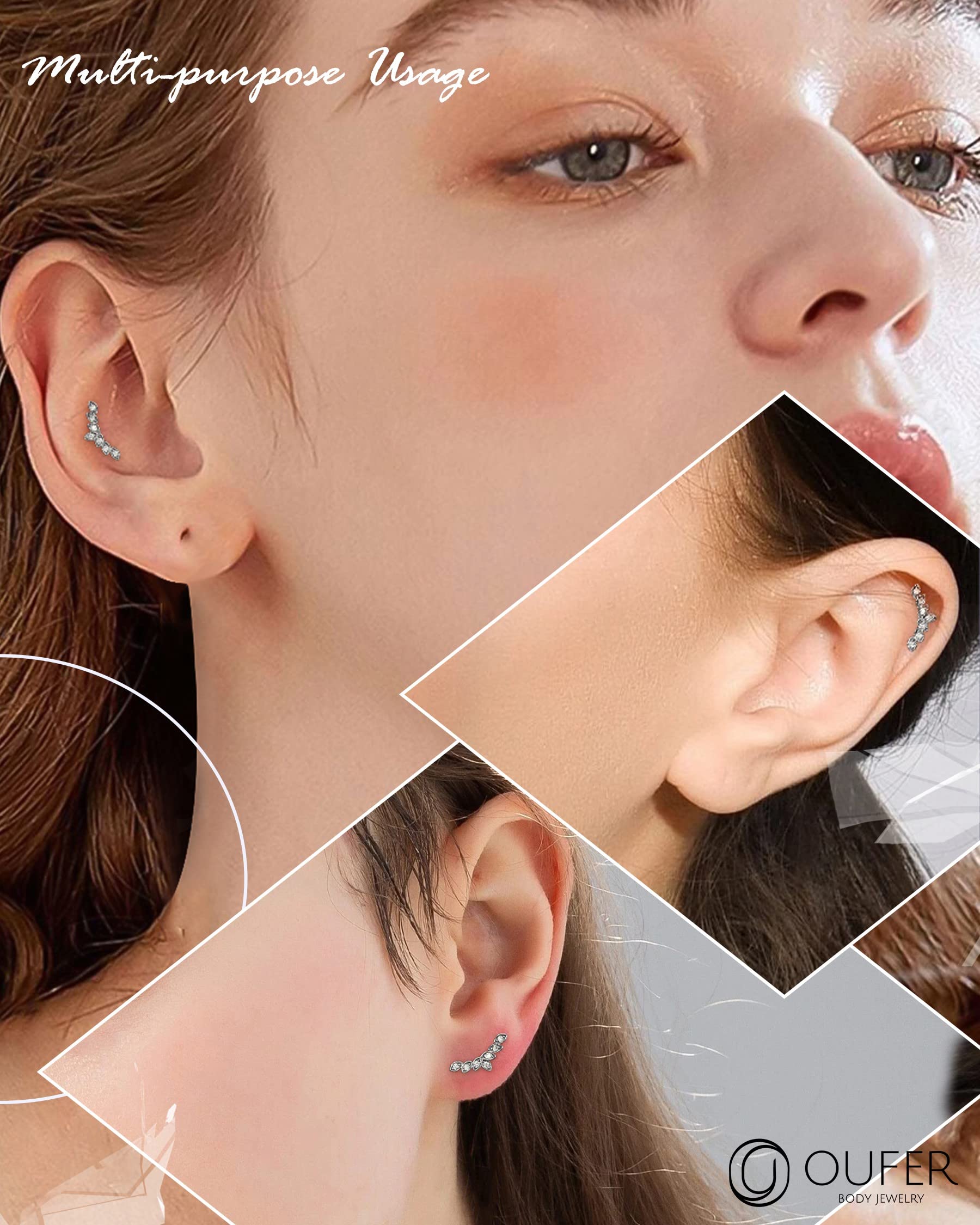 OUFER Cartilage Earring Stud, 316L Surgical Steel Helix Earrings, Shiny Clear CZ Tragus Piercing Jewelry, Forward Helix Conch Daith Piercing Jewelry