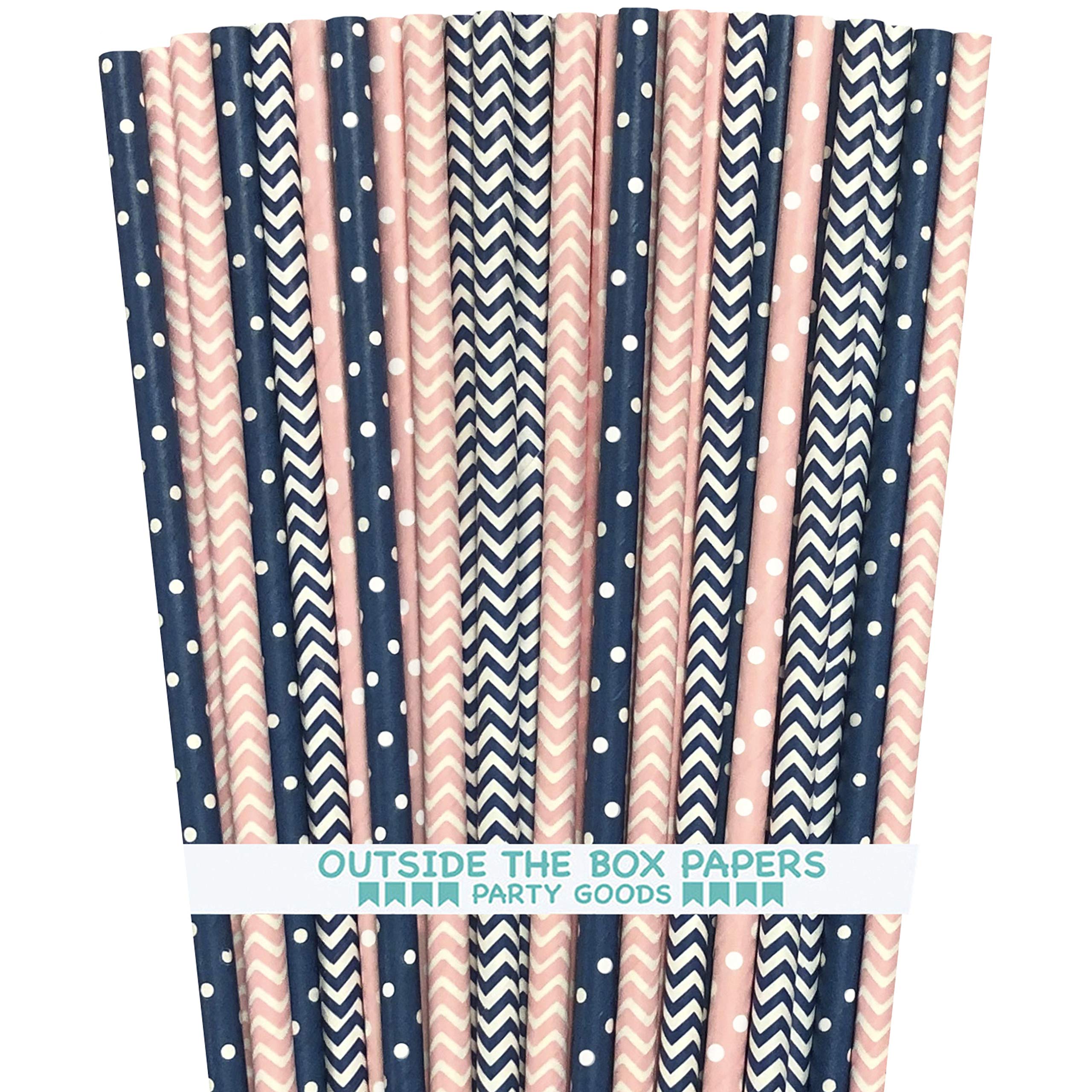 Outside the Box Papers Pink and Navy Blue Chevron and Dot Paper Straws 7.75 Inches 100 Pack Pink, Navy Blue, White