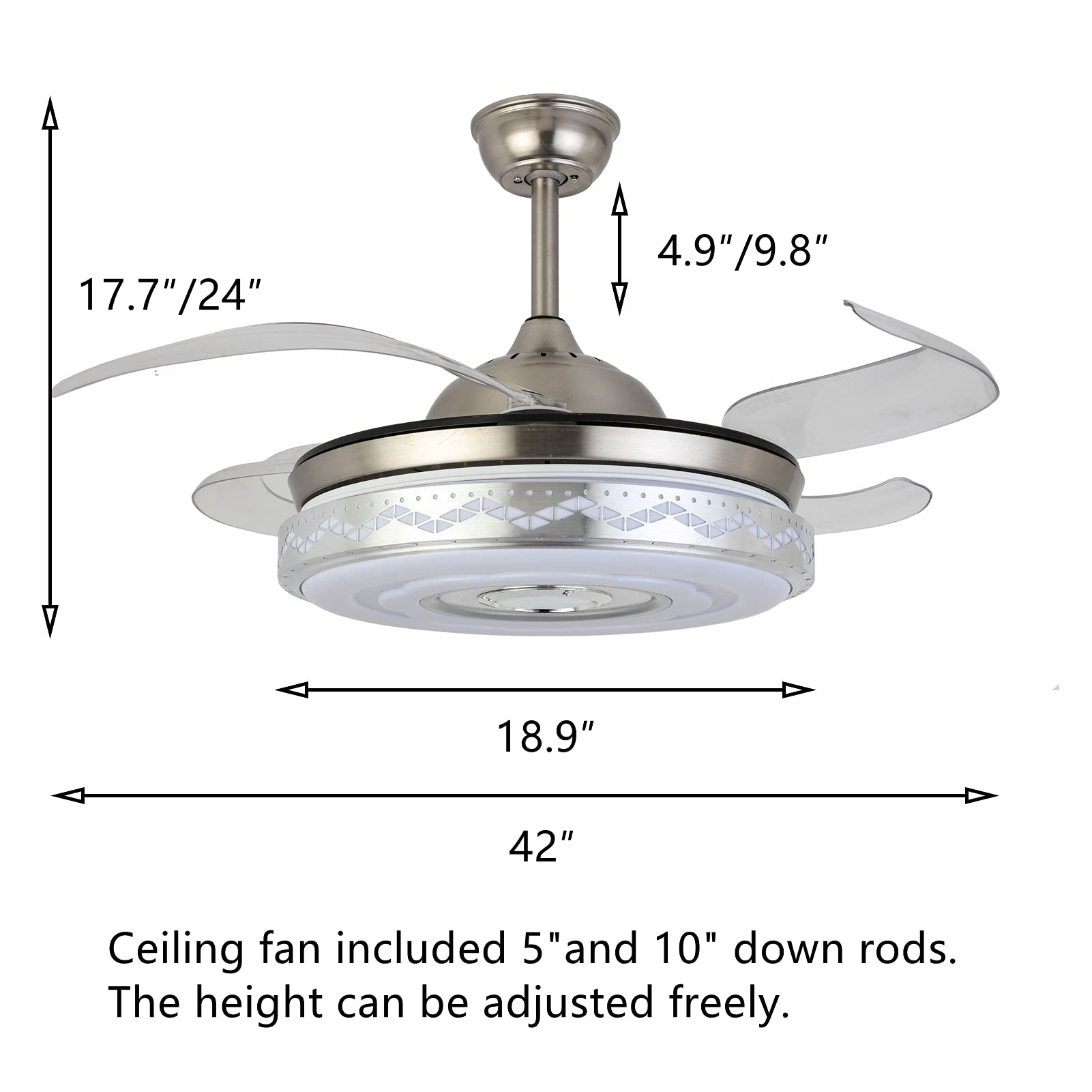 JVUJVCI Retractable Ceiling Fan with Bluetooth Speaker and Light, LED Bluetooth Ceiling Fan Chandelier Speaker with and Remote Control 7 Color Lighting Silver (42 inch)