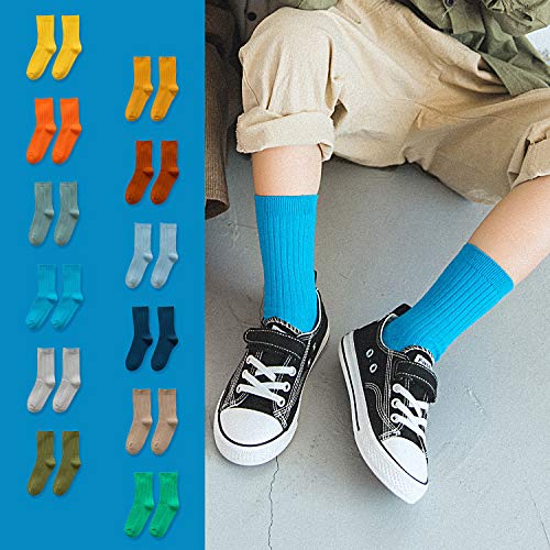 MINI PANDA Boys Socks Crew Socks for Girls 4-6 Years 6-8 Years 8-10 Years 12 Pairs (multicolor-B, 7-9 Years)