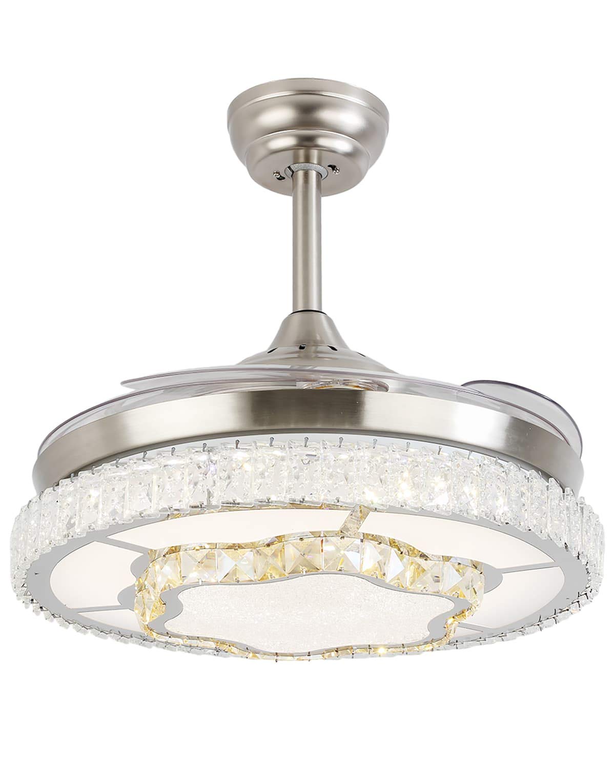JVUJVCI Retractable Crystal Ceiling Fan Light with Remote Control, LED Fan Chandelier for Bedroom Living Room Kitchen 3 Color Change Lighting 42 Inch (Silver) (42 Inch)