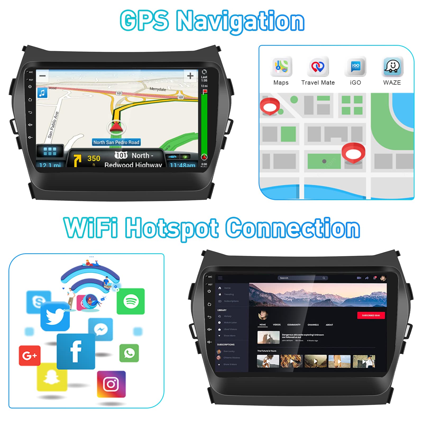 Roinvou [2G+64G] for Hyundai Santa Fe 2013-2017 Car Radio with Wireless Carplay/Android Auto, 9 Inch Android 13 IPS Touch Screen Car Stereo, Bluetooth, GPS, WiFi, SWC, HiFi + AHD Backup Camera