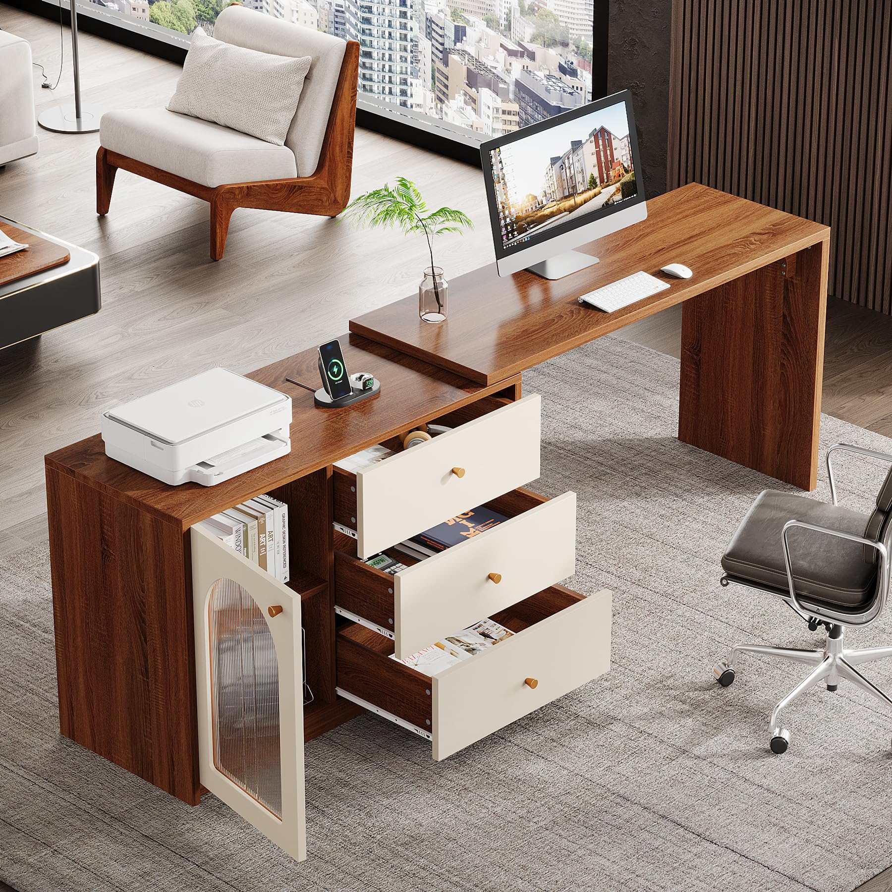 Tribesigns L Shaped Computer Desk with Drawers, Modern Corner Home Office Desk with Reversible Storage Cabinet, Long Study Writing Desk Workstation for Home Office, Black & White