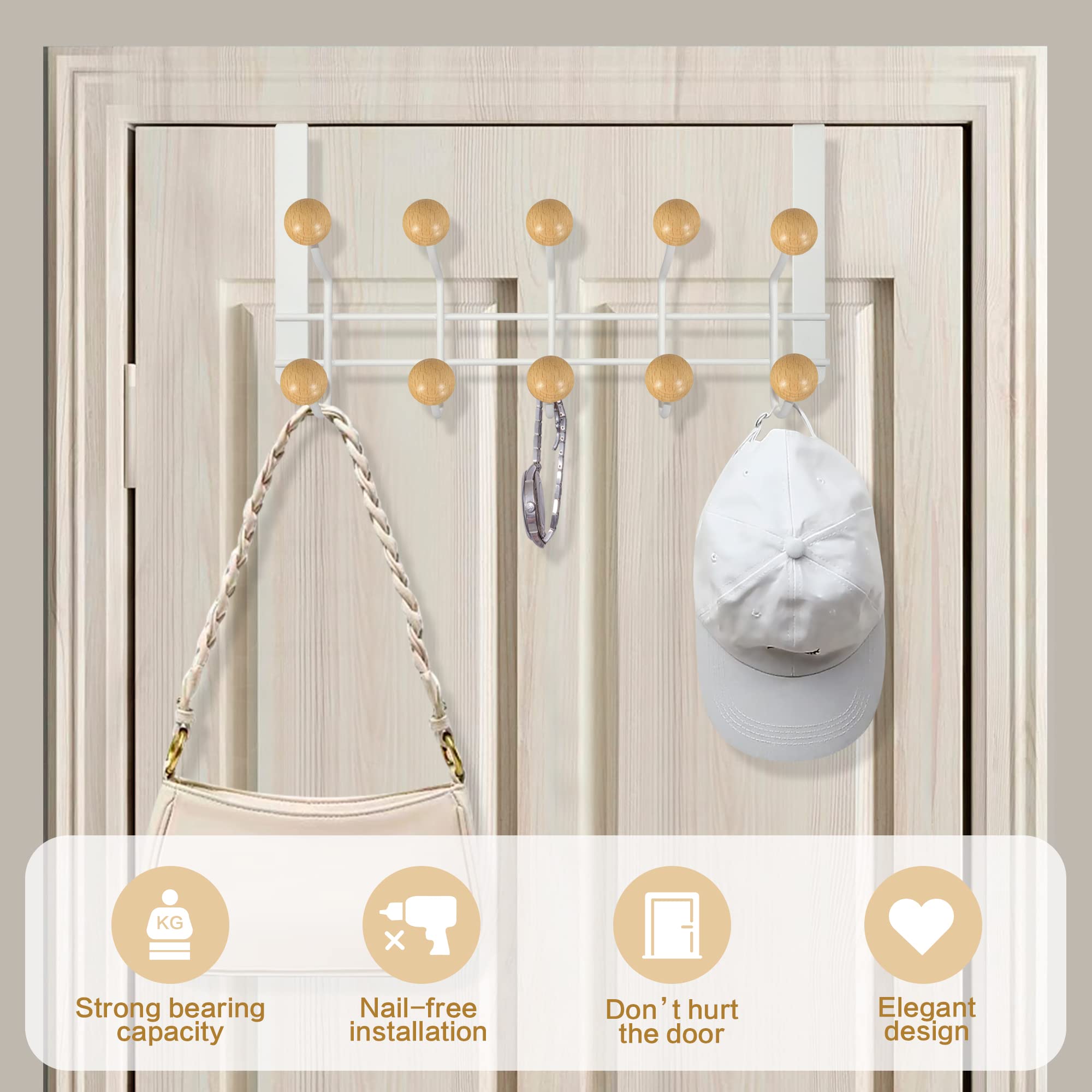 Loucarn Over The Door Hooks Door Hanger Hook for Clothes with 10 Wooden Door Hooks for Hanging Hats, Coats,Towels