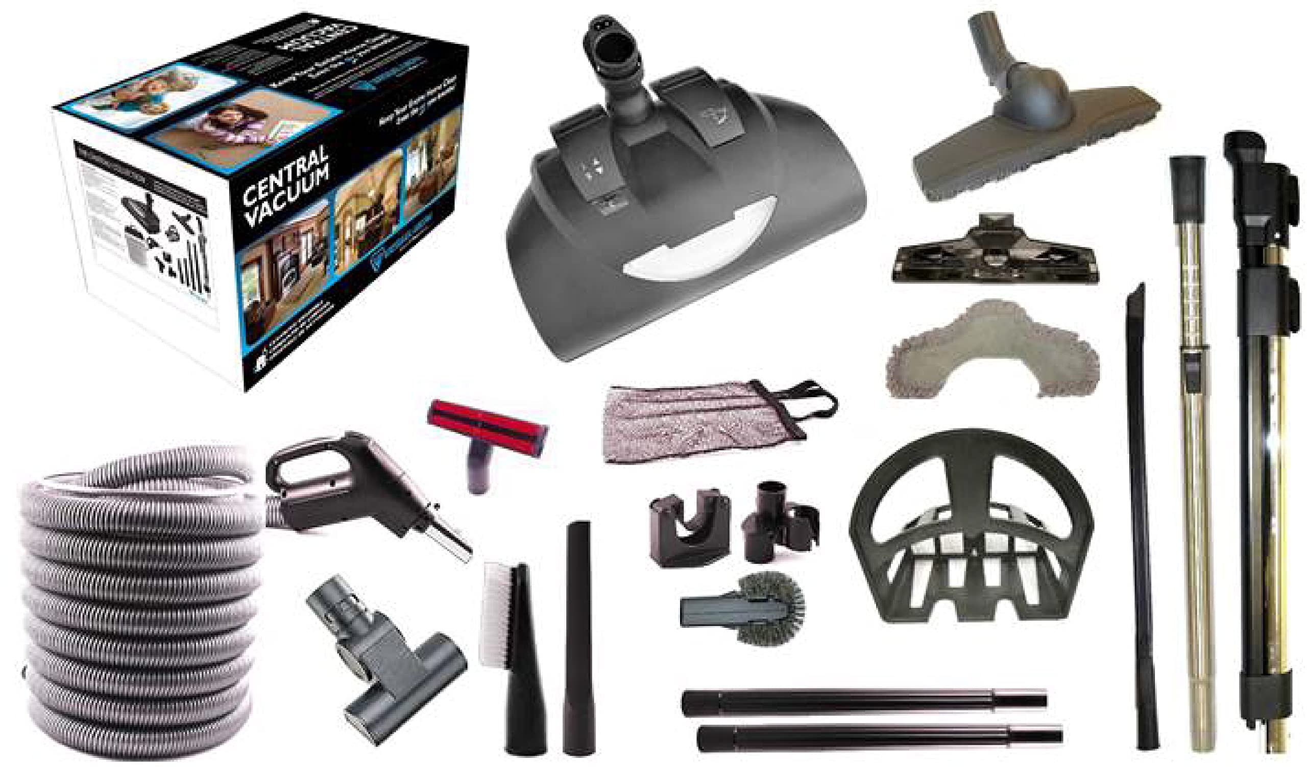 Merchandise Mecca Palazzo Central Vacuum Kit with Pigtail Hose, Power Head & Tools - Works with All Brands of Central Vacuum Units (30' Direct Connect)