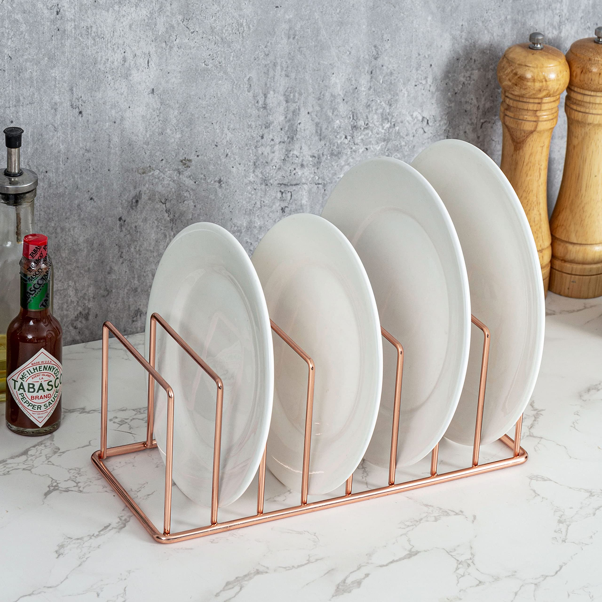 MyGift Modern Copper Tone Metal Wire Kitchen Dish Drying Rack - Dishes Storage Organizer for Flat Dinner Plates, Cutting Boards, Serving Trays