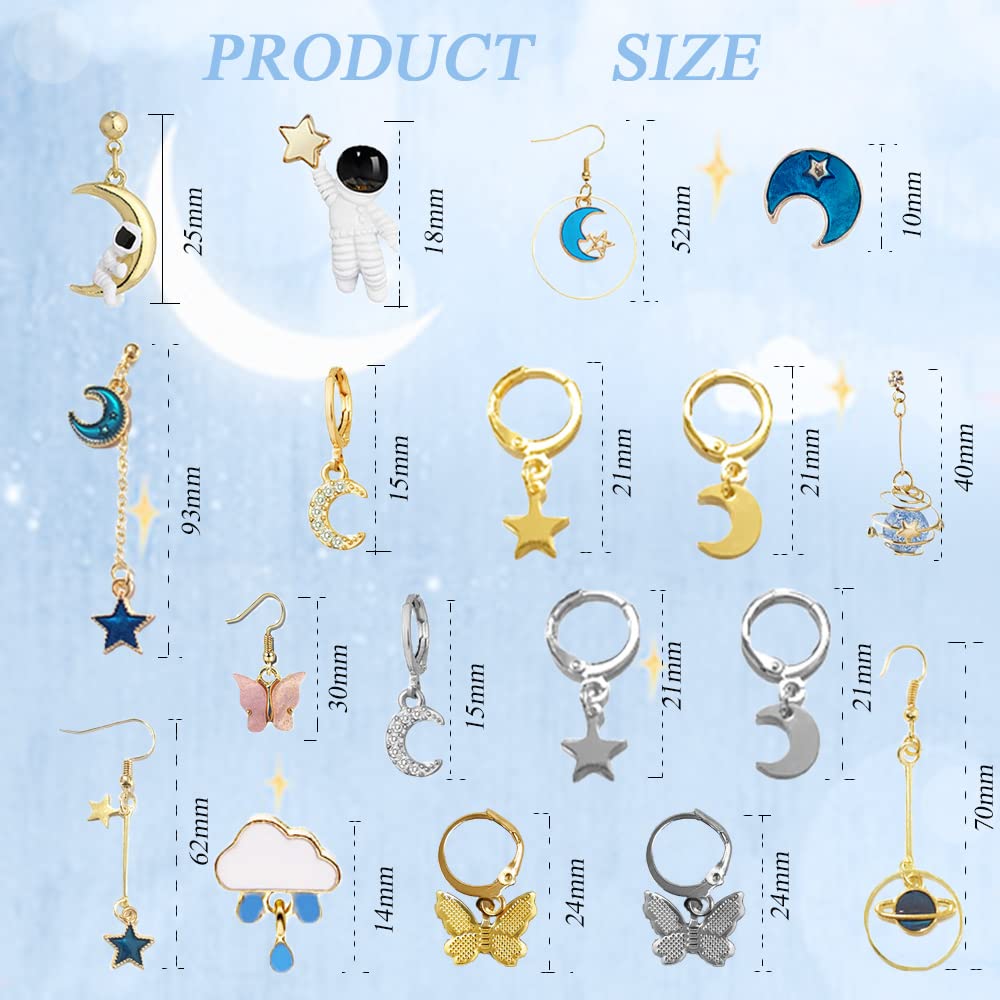 MOZAKA 18 Pairs Moon Star Dangle Earrings for Women Space Earth Planet Asymmetrical Drop Earring Set Butterfly Astronaut Spaceman Stud Earrings Jewelry Gift