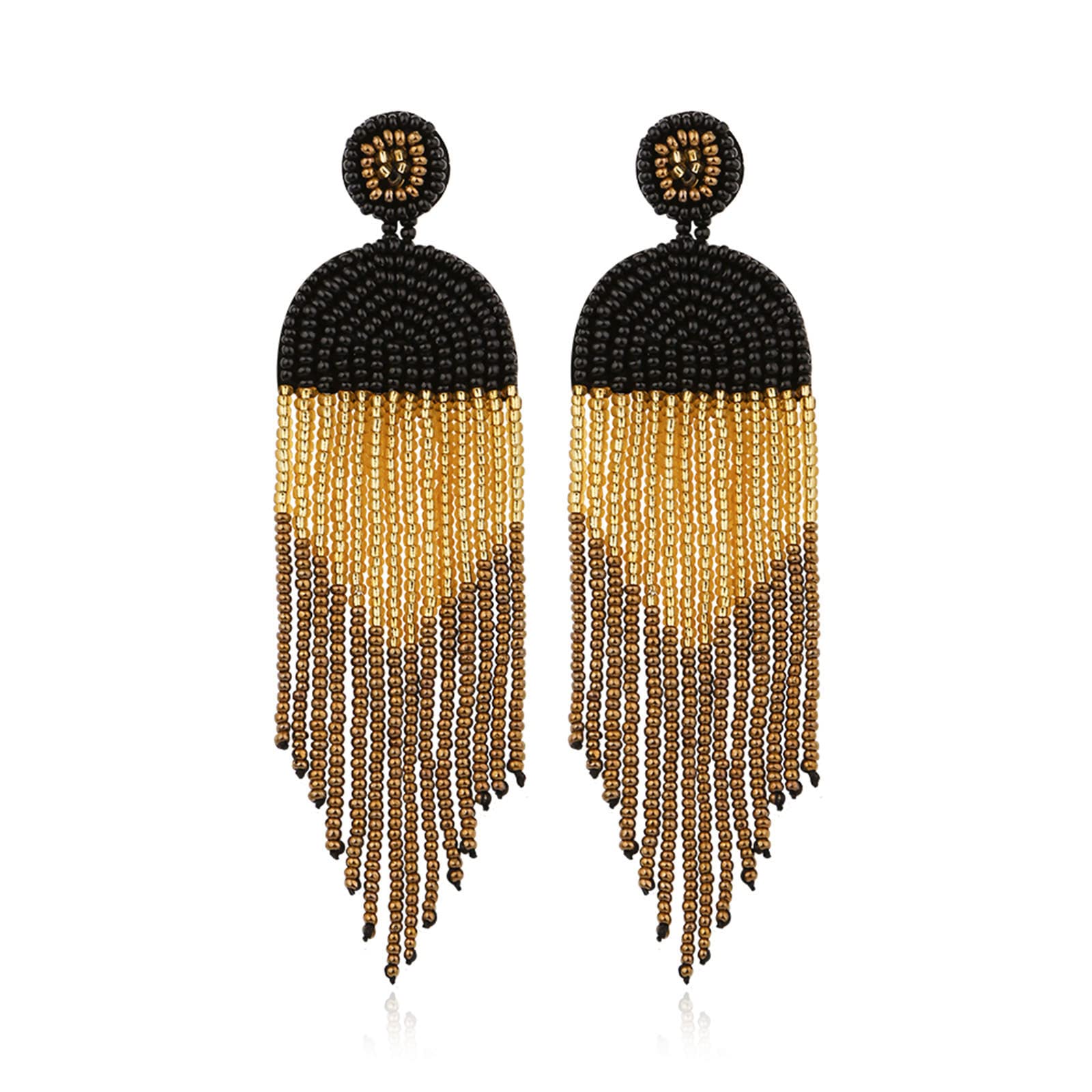 MJartoria Long Beaded Tassel Earrings for Women, Boho Earrings Vintage Drop Dangle Earrings Native Handmade Earrings Colorful Statement Earrings Seed Bead Jewelry GiftsďźBlack+Gold+Brown)