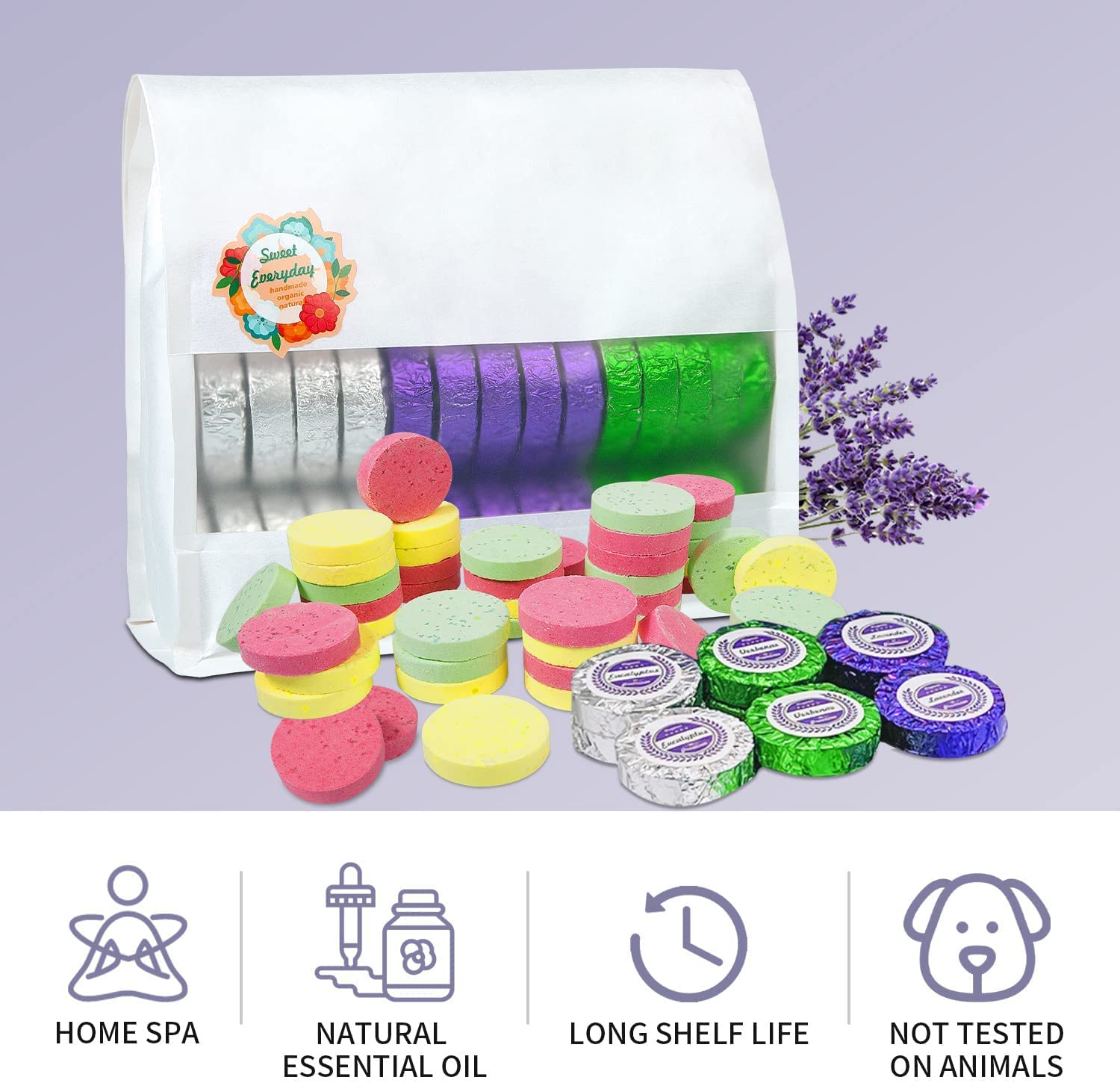 Shower Steamers Multi-Quantity Packed (45PCS) Women/Men Gift SetāLavender, Verbena, Eucalyptus Aromatic Shower Bombs, Individually Wrapped Tablets for Mother's Day & Anniversaries