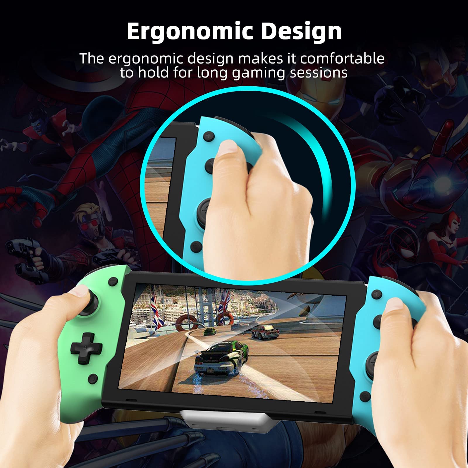 NexiGo Switch Accessories Holiday Bundle, Ergonomic Controller (Green & Blue) for Nintendo Switch with 6-Axis Gyro, Dual Motor Vibration, Game Storage Case with 10 Game Card Holders