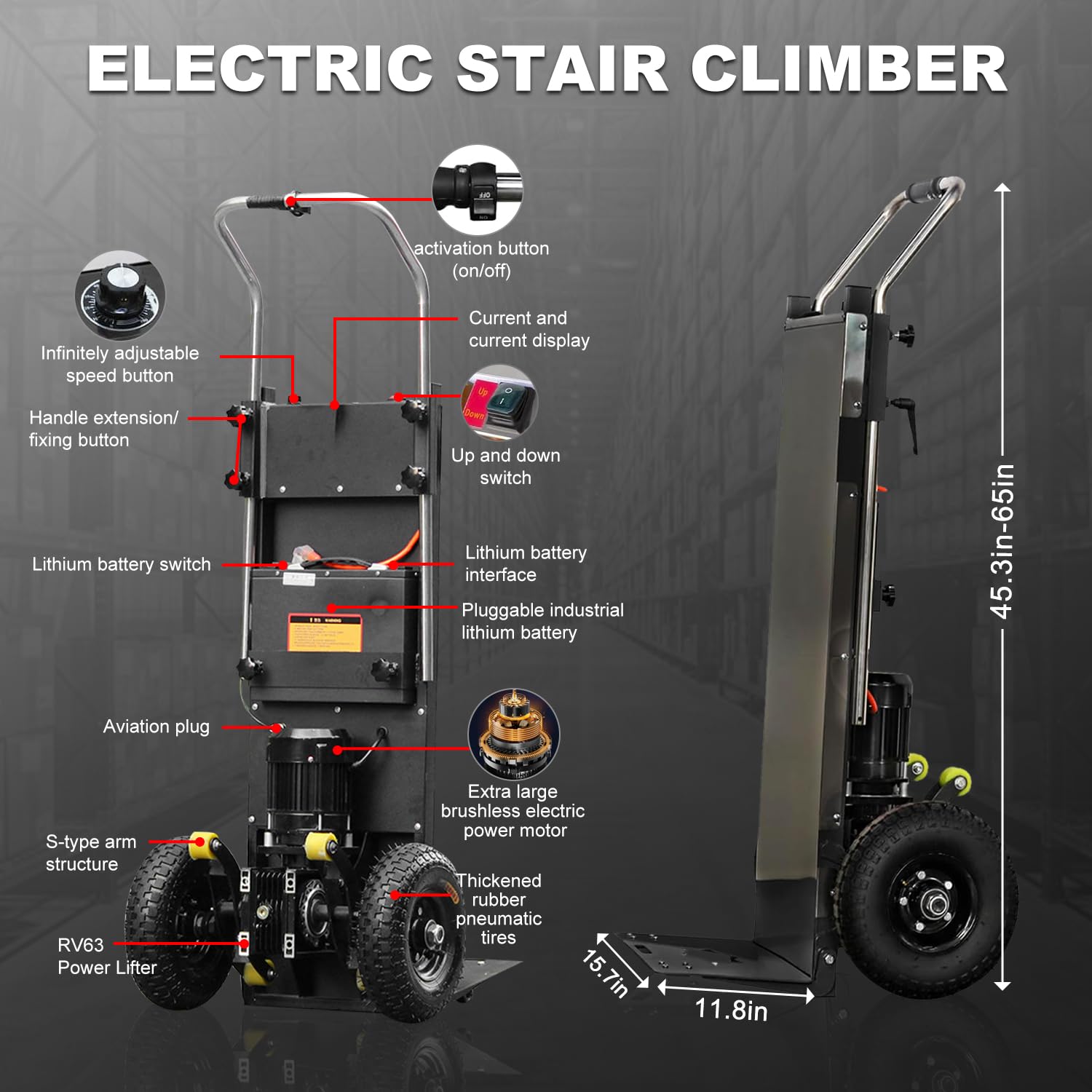 Shuyeon Powered Stair Climber Hand Trucks Easy Up/Down, 10" Solid Wheel Grocery Cart Takes 6000 Steps Stairs Hand Trucks Heavy Duty, for Family Moving Warehouse Logistics Distribution 24Ah
