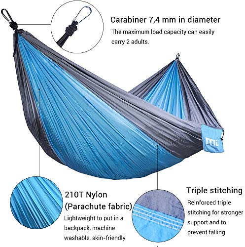 Lightweight Camping Hammock, Portable Parachute Nylon Hammock with Hammock Tree Straps Carabiners for Backpacking, Travel, Beach, Picnic