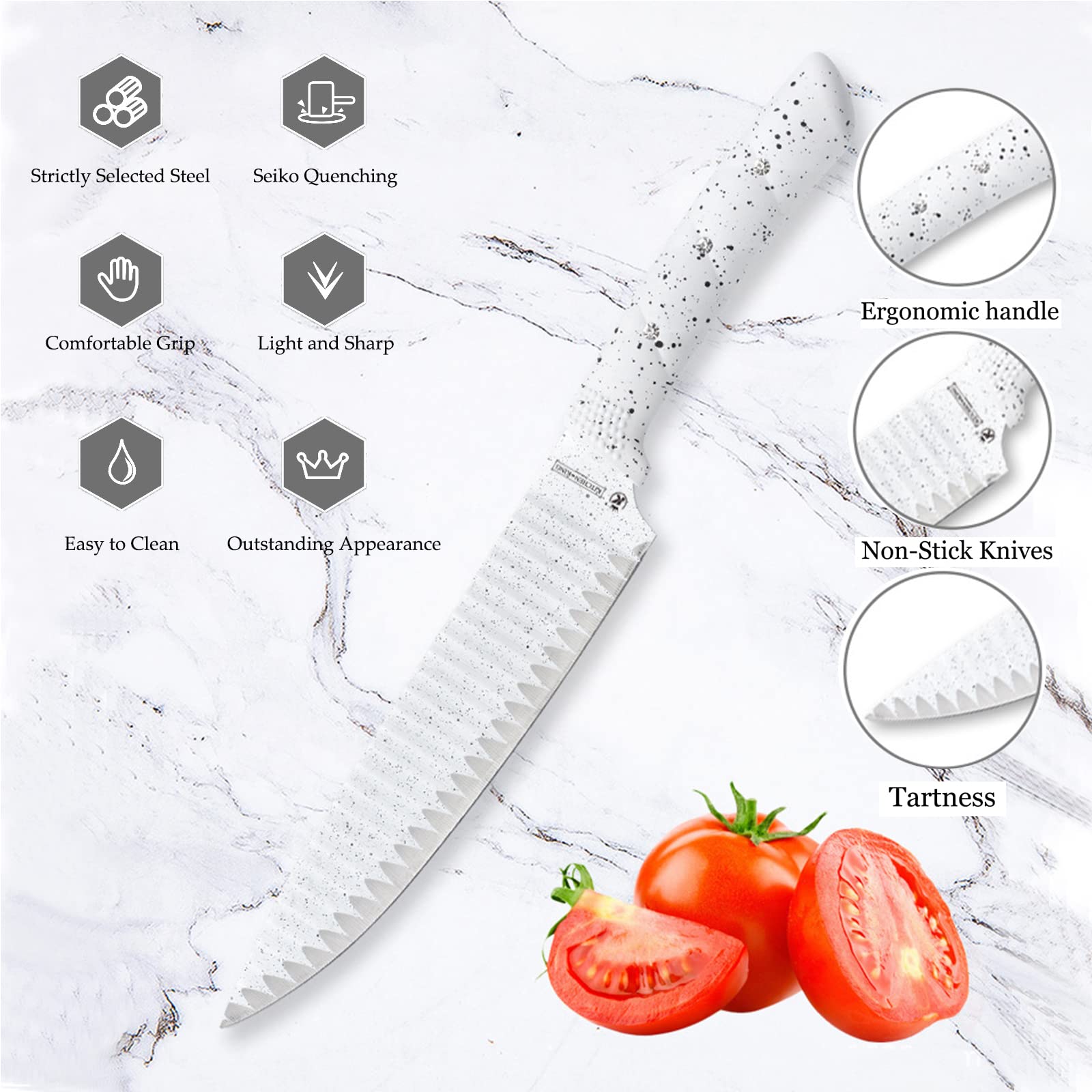 RETROSOHOO Kitchen Knife Set, 6 PC Ripple Stainless Steel Sharp Chef Knife Set with Scissors and Peeler, Non-Stick Knife Set with Non-Slip Diamond Handle Perfect for Kitchen Restaurant Home (White)