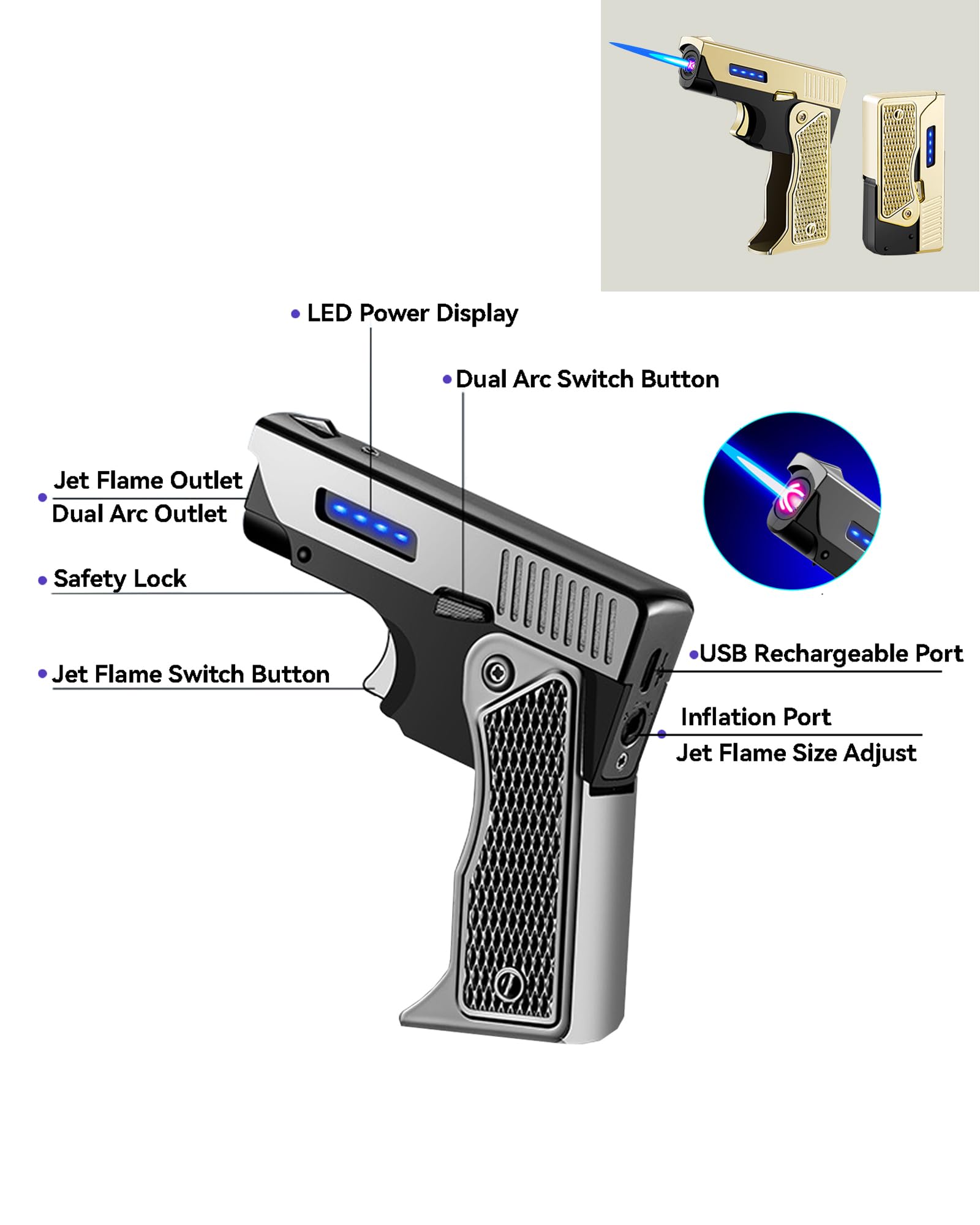 Jnfire 2 in 1 Lighter, Foldable Dual Arc Lighter and Butane Refillable Jet Flame Windproof, Electric USB Rechargeable, Cool Folding Lighter Gift for Men, Butane Not Included (Black Color)