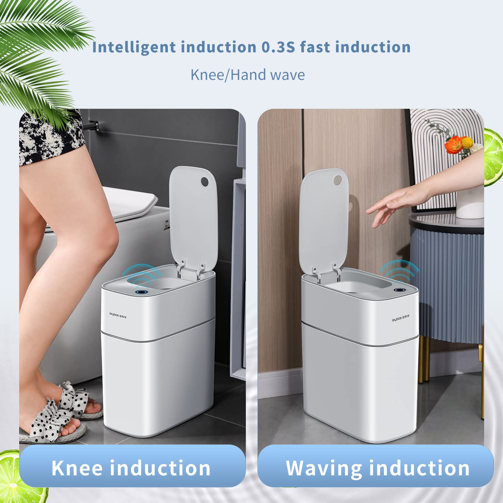 MOPUP Touchless Bathroom Trash Cans, Waterproof Motion Sensor Bedroom Garbage Can, 3.5 Gallon Slim Plastic Narrow Small Dogproof Trash Bin for Office,Living Room,Kitchen, White