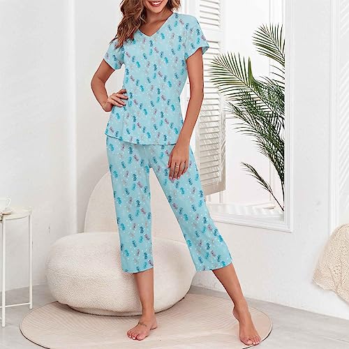 Women Summer Pajamas Soft Sleepwear Top with Capri Pants Ladies Short Sleeve Cotton Pajamas Sets Blue Butterfly X-Large