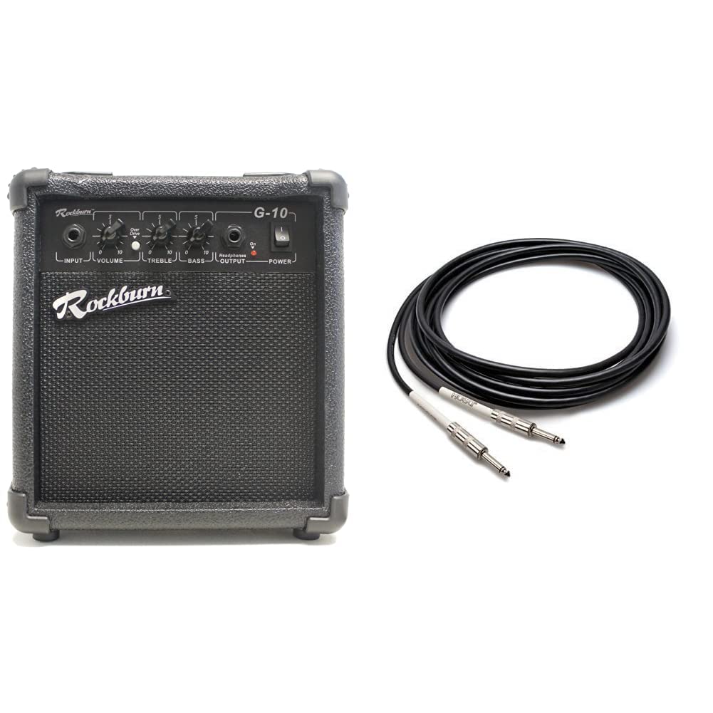 Rockburn 10 Watt Amplifier for Electric Guitar with Overdrive, EQ Controls & Carry Handle (BC-10S-BK) and Hosa GTR-210 Straight to Straight Guitar Cable, 10 Feet