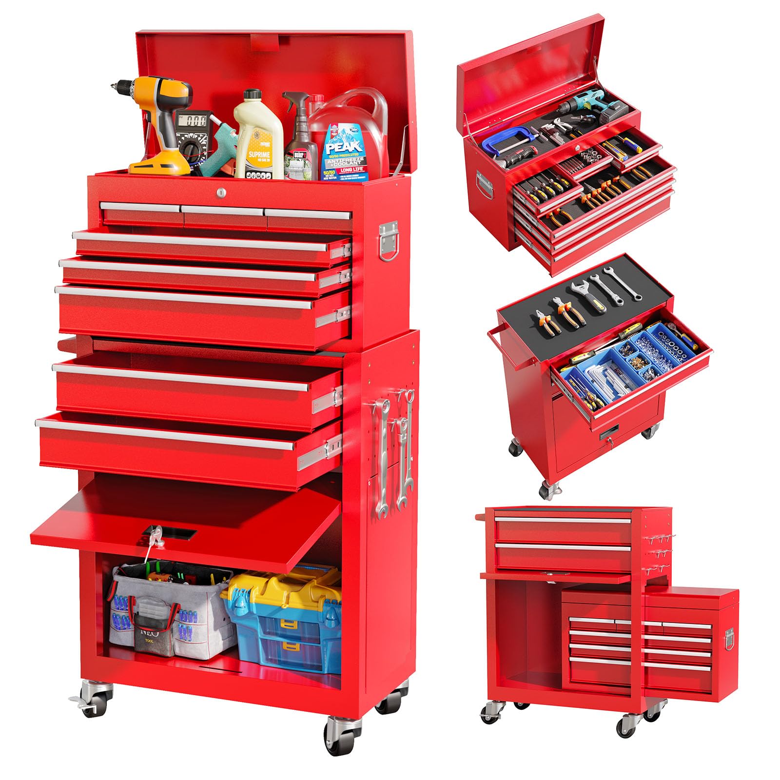 K KELBEL 8 Drawer Rolling Tool Chest Tool Box with Wheels, 2-in-1 Detachable Tool Cabinet with Sliding Drawers & Brake & Locking System for Garage, Warehouse(Red)