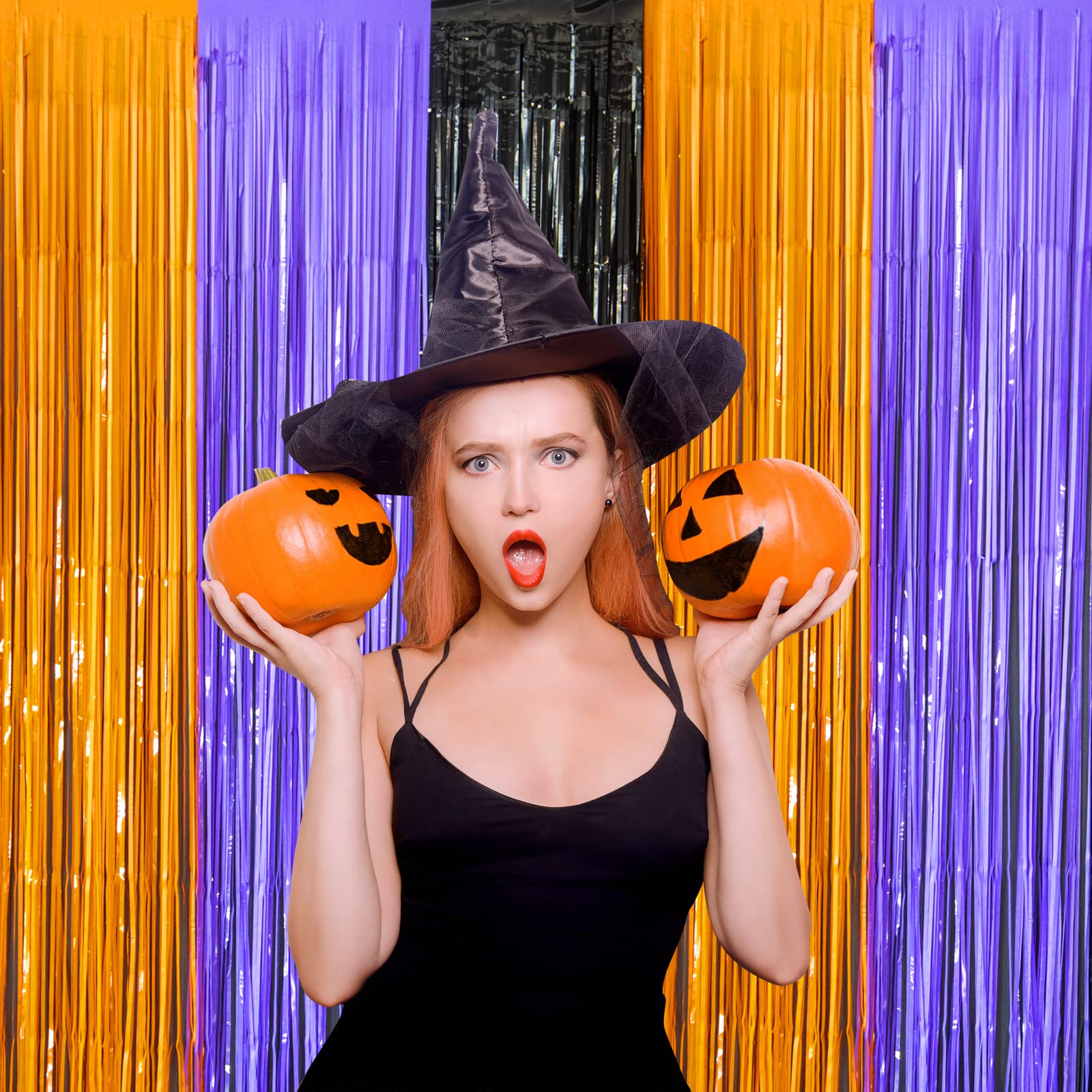 LOLStar 5 Pack Orange Purple Black Photo Booth Props,3.3 X 6.6 ft Halloween Foil Fringe Curtains,Halloween Party Photo Backdrop Streamer Backdrop for Halloween Party Decoration
