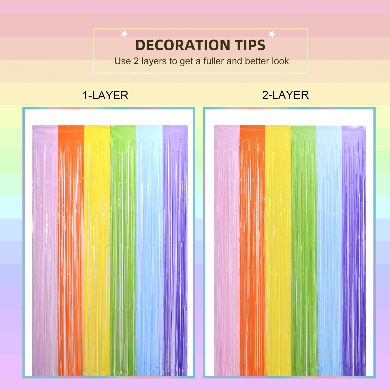 LOLStar Candyland Party Decorations, 2 Pack 3.3x6.6ft Pastel Rainbow Foil Fringe Curtains, Tinsel Curtains Photo Booth Prop Streamer Pastel Backdrop for Cocomelon Home Decor Easter Bunny Decorations