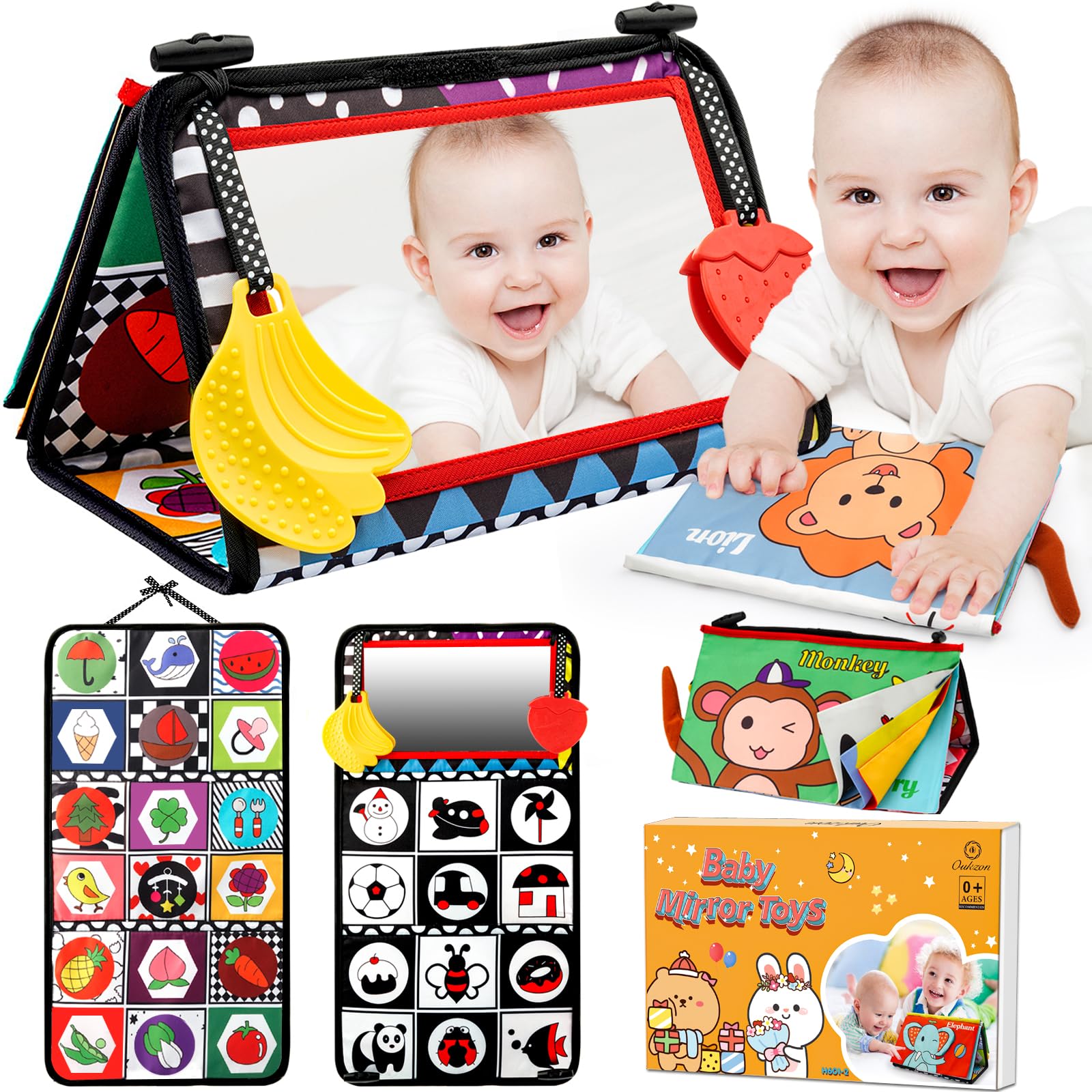 Oukzon Tummy Time Toys, Baby Toys 0-6 Months with Crinkle Book and Teethers, 6-12 Months Infant Mirror Toys High Contrast Baby Gift Toys for Newborn Brain Development, Montessori Sensory Toy